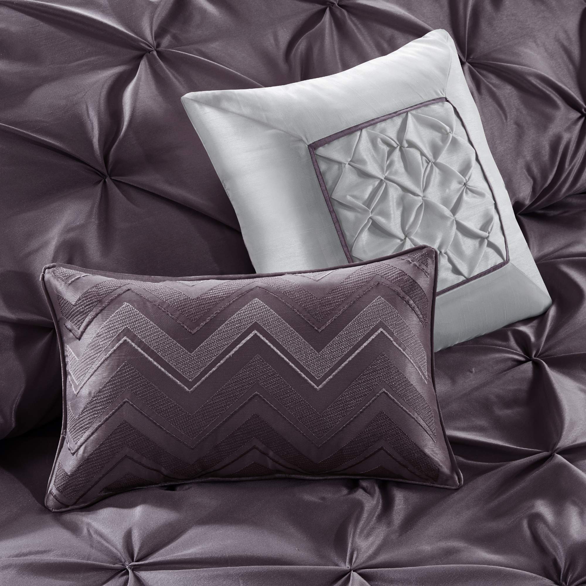Madison Park Essentials Cal King Comforter Set, 24 Piece Bedding With Matching Curtains, Decorative Pillows, Luxe Diamond Tufting , Room in a Bag Joella Collection, Plum Cal King