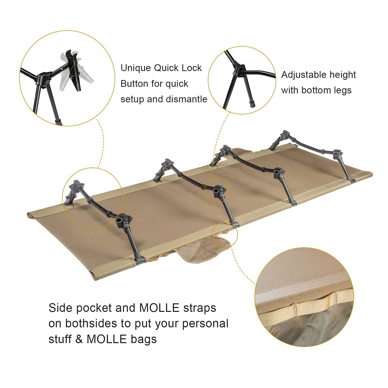 OneTigris Lightweight Camping Cot with Leg Extenders, Strong Support 330 Lbs, Durable Compact Tent Folding Bed for Adults Outdoor Overnighter Camping, Hiking, Travel, RV, Beach, Office Nap