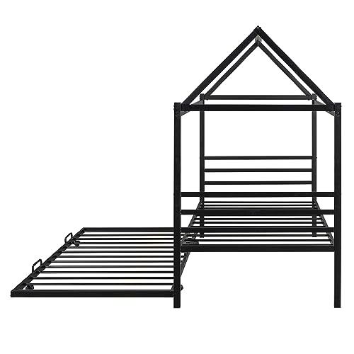 Lifeand Twin Size Metal House Shape Platform Bed with Trundle,Black