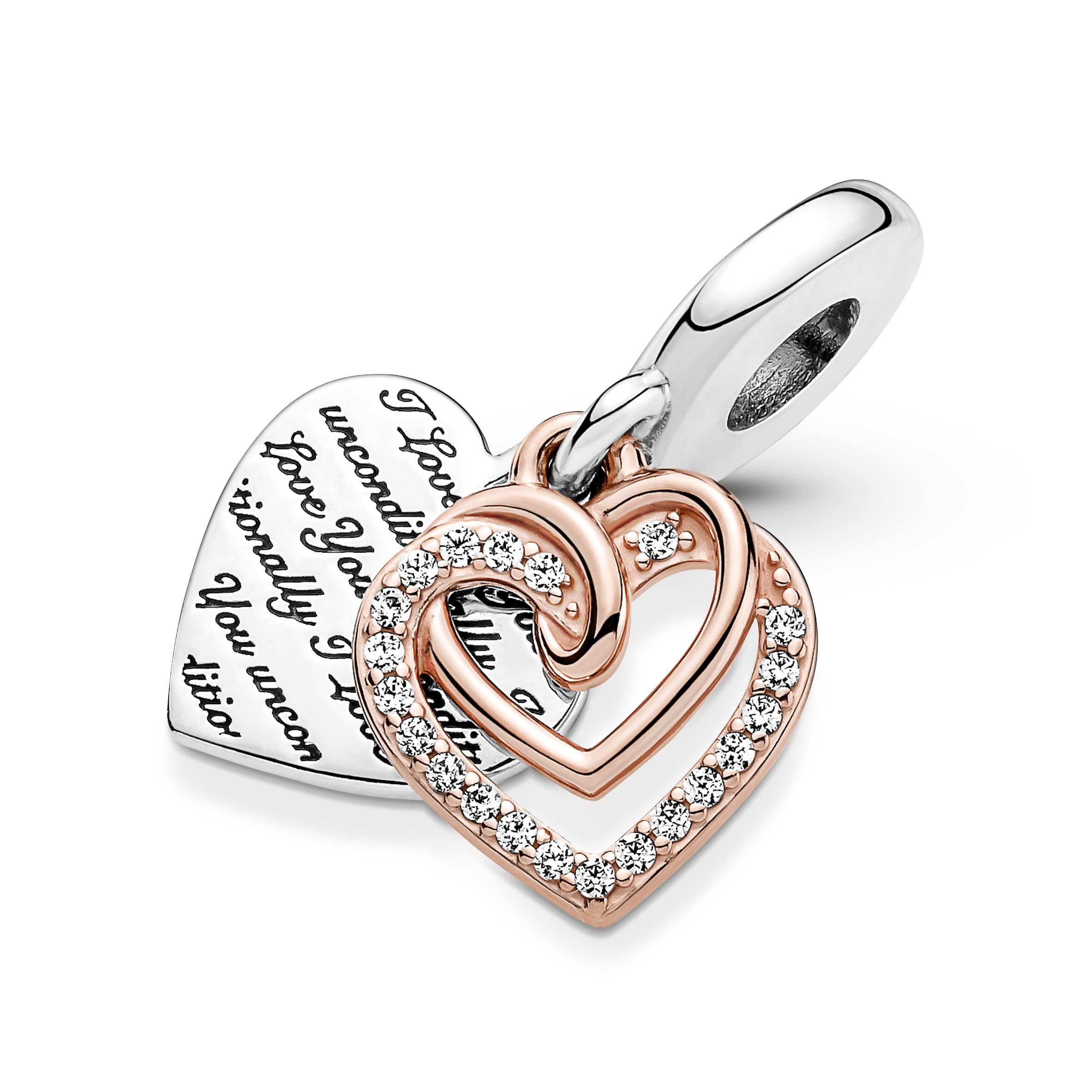 PANDORA Entwined Hearts Double Dangle Charm - Compatible with PANDORA Moments - Made with PANDORA Rose, Sterling Silver & Cubic Zirconia