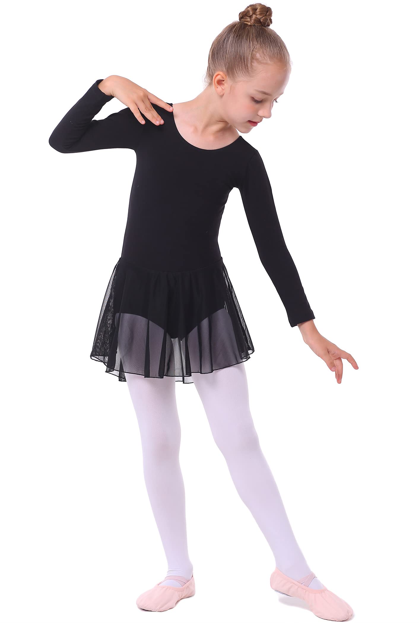 MdnMd Long Sleeve Dance Leotard Ballet Dress Clothes for Ballerina Girls (Age 6-8, Black)