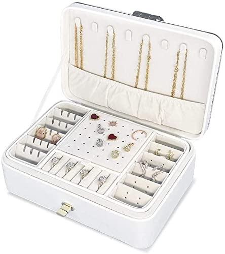 ZZYINH AN207 Double Layer Portable Travel Jewelry Watch Box with Mirror Leather Display Organizer Storage Case for Earrings Necklace Ring Small Jewelry (Color : White)