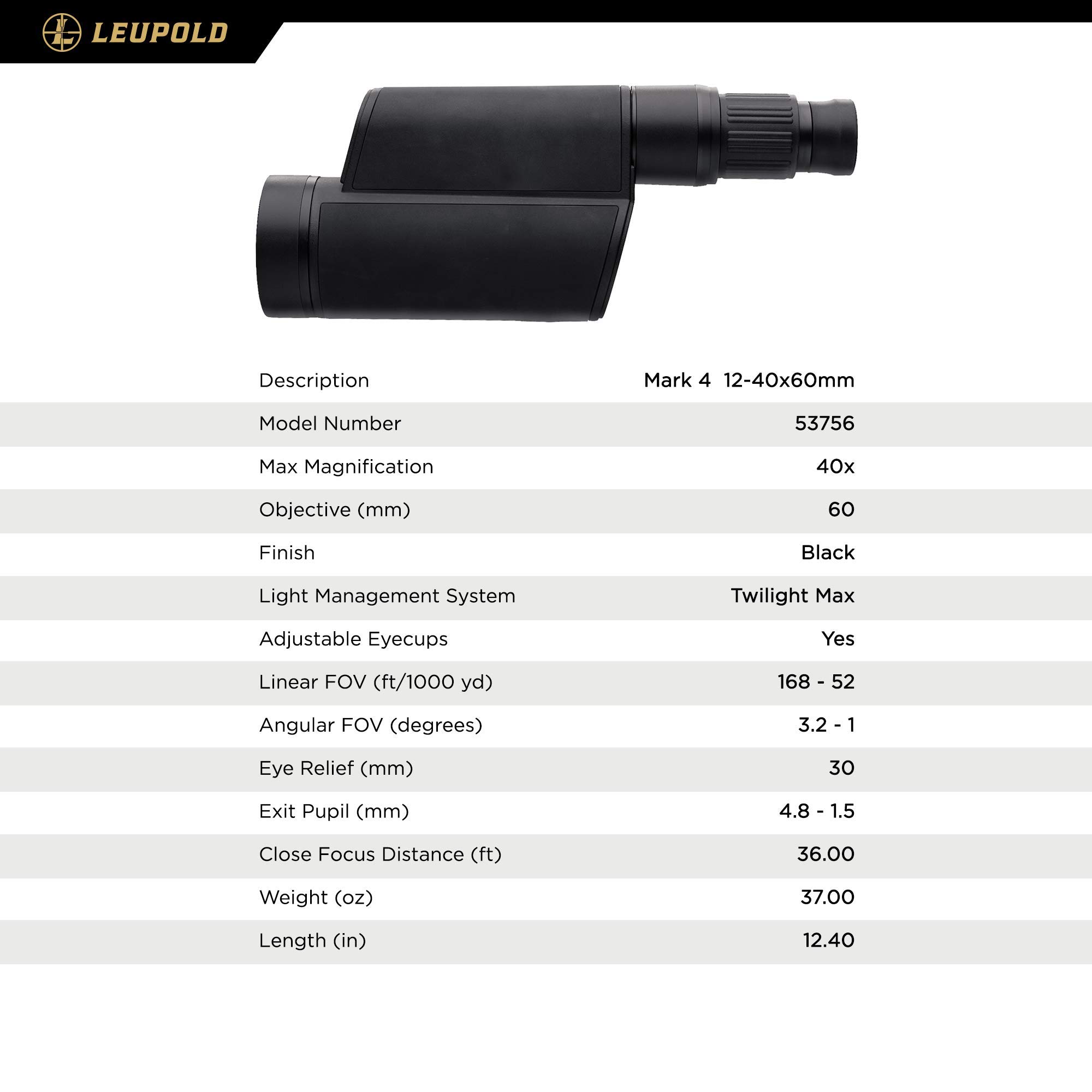 Leupold Mark 4 12-40x60mm Spotting Scope, Milling Reticle