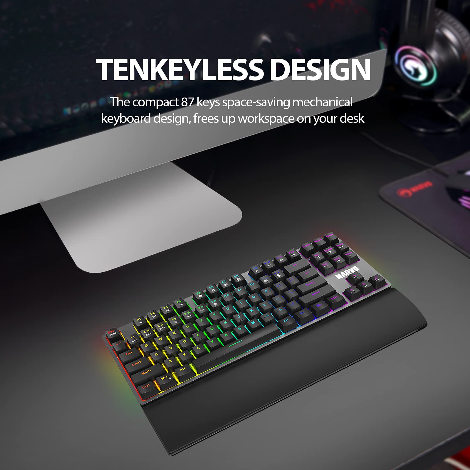 Mechanical Gaming Keyboard, MARVO Gaming Keyboard with Adjustable RGB Backlighting, PBT Keycaps, Spill-Resistant Design,Leather Wrist Rest. Gaming Keyboard for Desktop, Computer, PC
