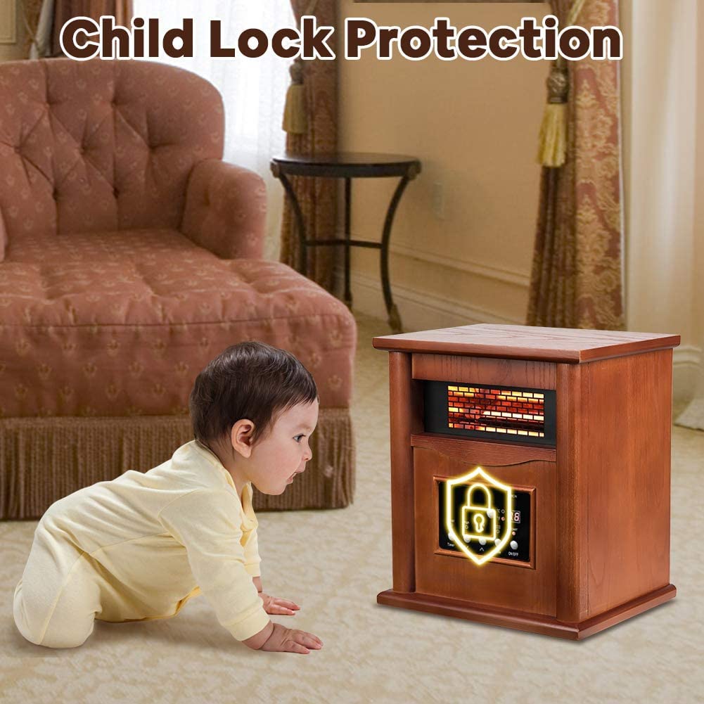 LifePlus Electric infrared Space Heaters for Indoor Room Use, 1500W Box Space Heater with Wood Frame, Remote Control and Timer, Multiple Security Protections, Nice for Living Room Home Office