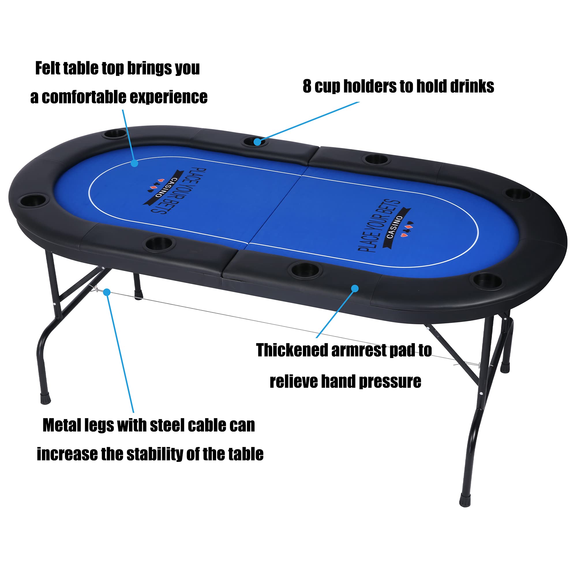 Vilobos Poker Table Foldable 6-8 Players Folding Poker Table Fully Assembled Casino-Style Texas Hold'em Poker Table with Faux Leather Padded Rails and Cup Holders, Blue