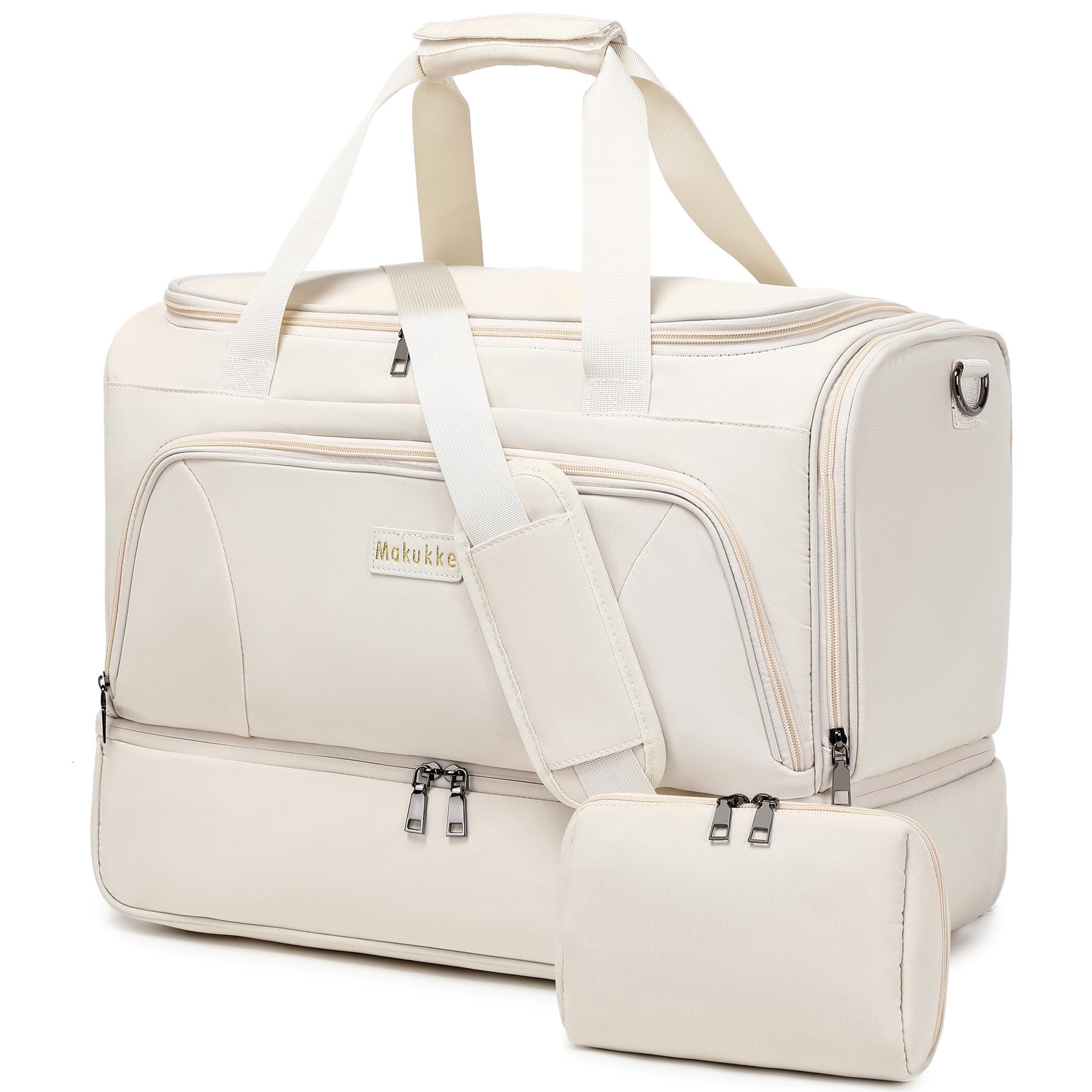 Makukke Weekender Overnight Bag for Women, Large Travel Carry on Duffle Bag with Shoe Compartment & Toiletry Bag, Sports Tote Gym Bag, Beige Weekender Bag