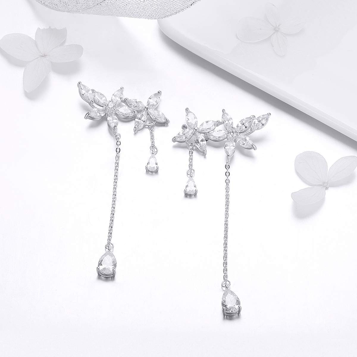MSECVOI 925 Sterling Silver Leaves Wrap Earrings Crawler for Women Dainty Flowers Threader Tassel Chain
