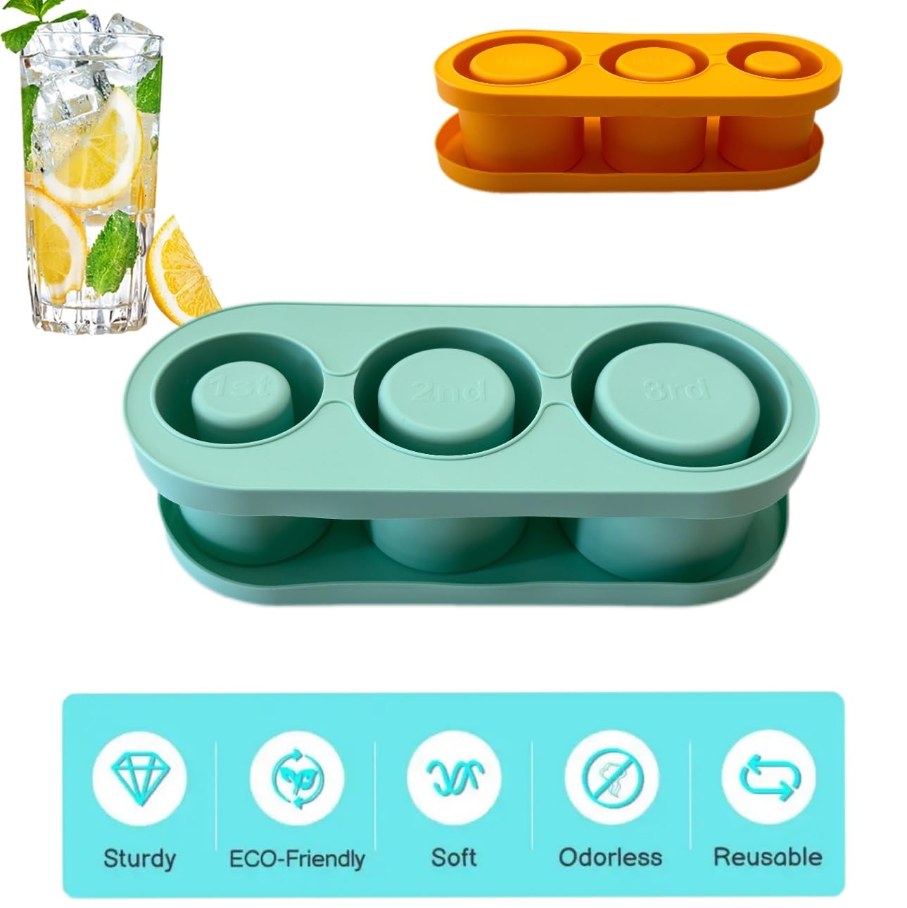 TAYASH Silicone Ice Cube Tray with Lid for 20-40 oz Tumblers,3 in 1 Silicone Ice Cube Molds With Lid and Bin,Summer Ice Cube Trays for Chilling Cocktails, Whiskey (Size : Green)