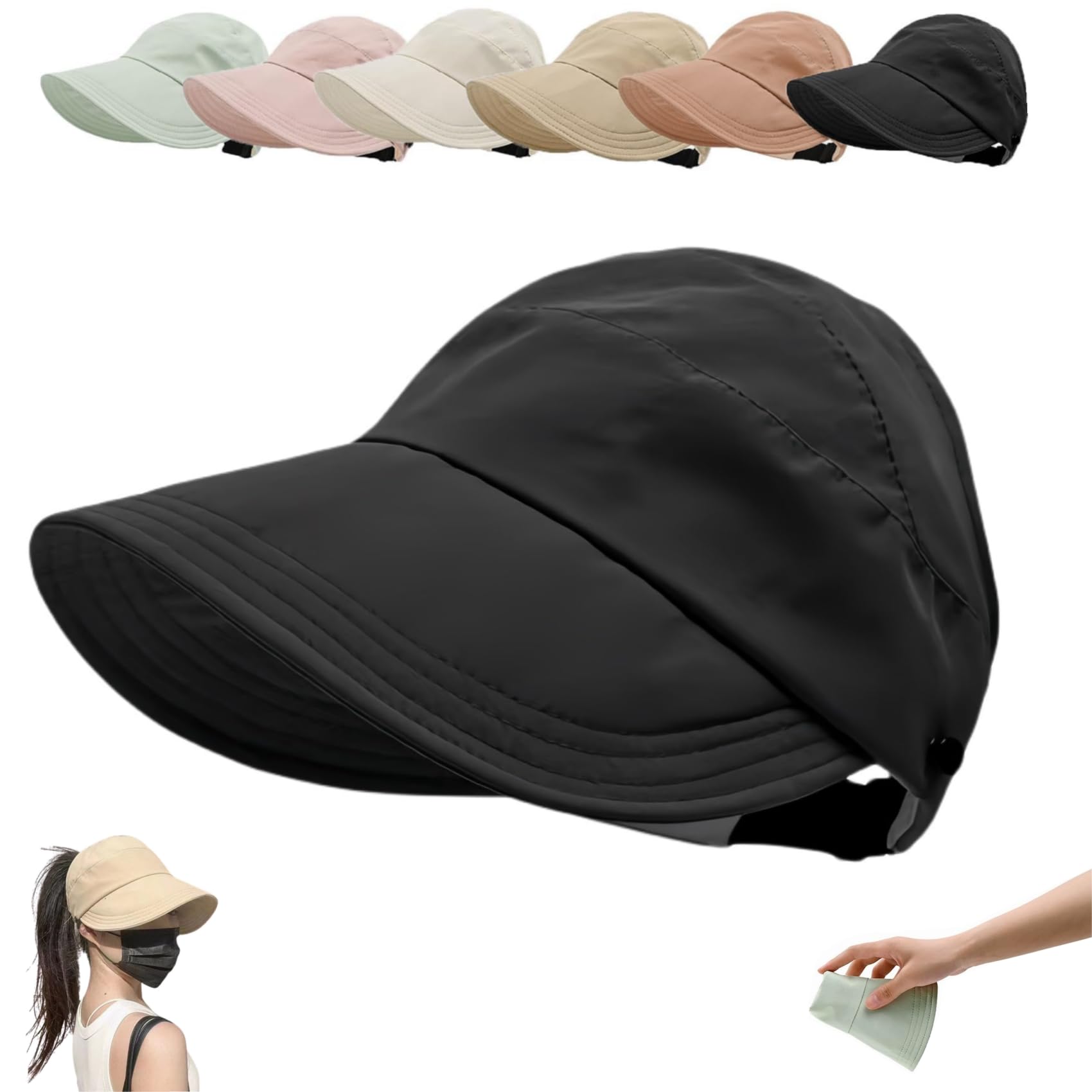 Women's Large Brim UV Protection Empty Top Sun Hat,Outdoor Wide Brim Hats for Women,Outdoor UV Protection Hollow Top Sun Hat (US, Alpha, One Size, Medium, Black)