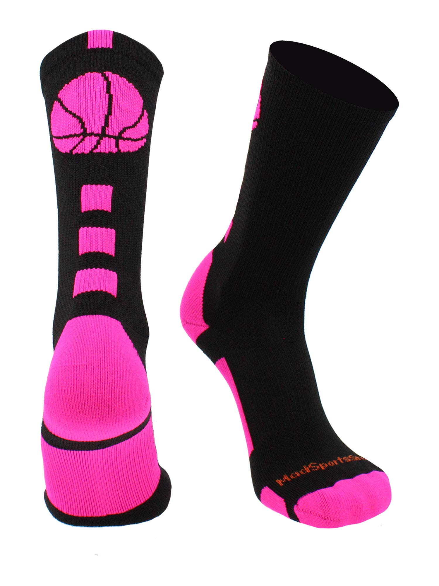 MadSportsStuff Basketball Socks with Basketball Logo Crew Socks (Black/Neon Pink, Small)