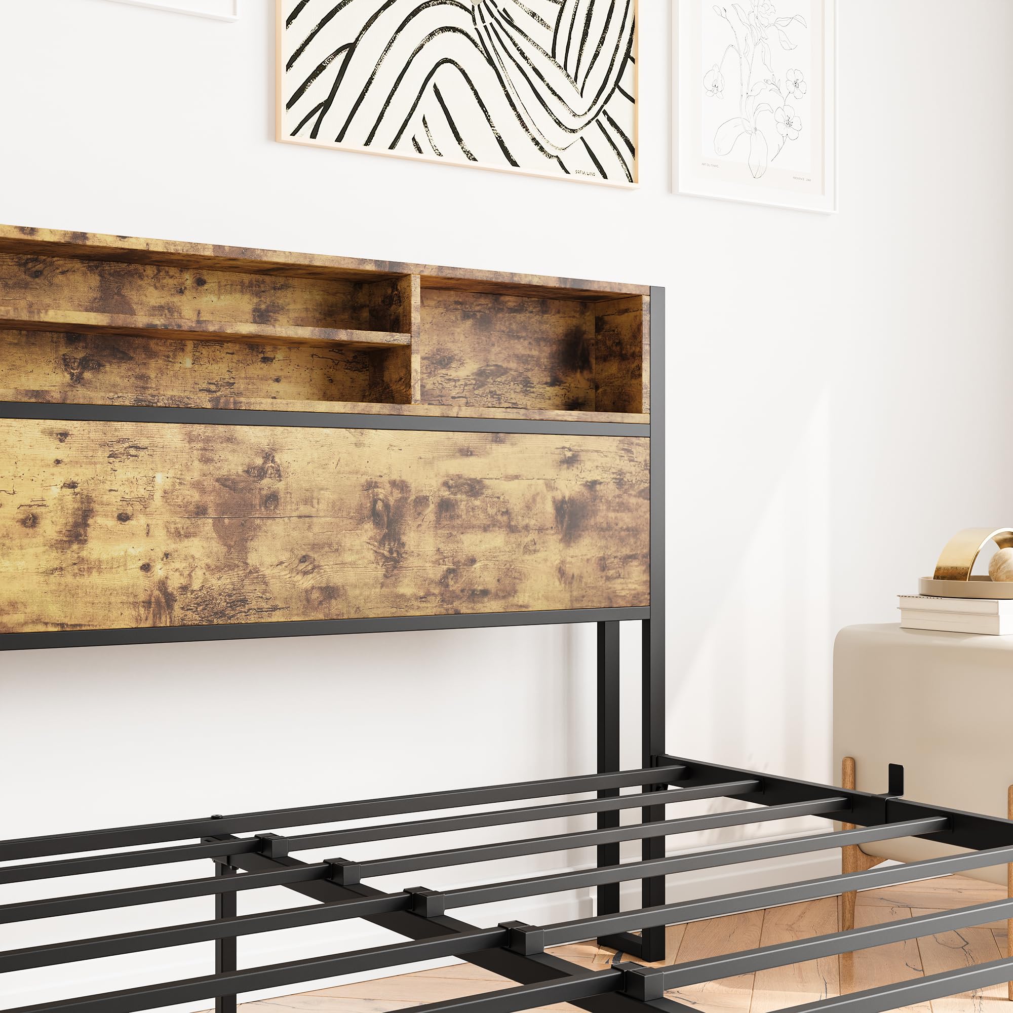 MegaChunk Queen Bed Frame with Storage Headboard, Metal Platform Bed with Charging Station, Bookcase Storage, No Box Spring Needed, Easy Assembly, Noise-Free, Black