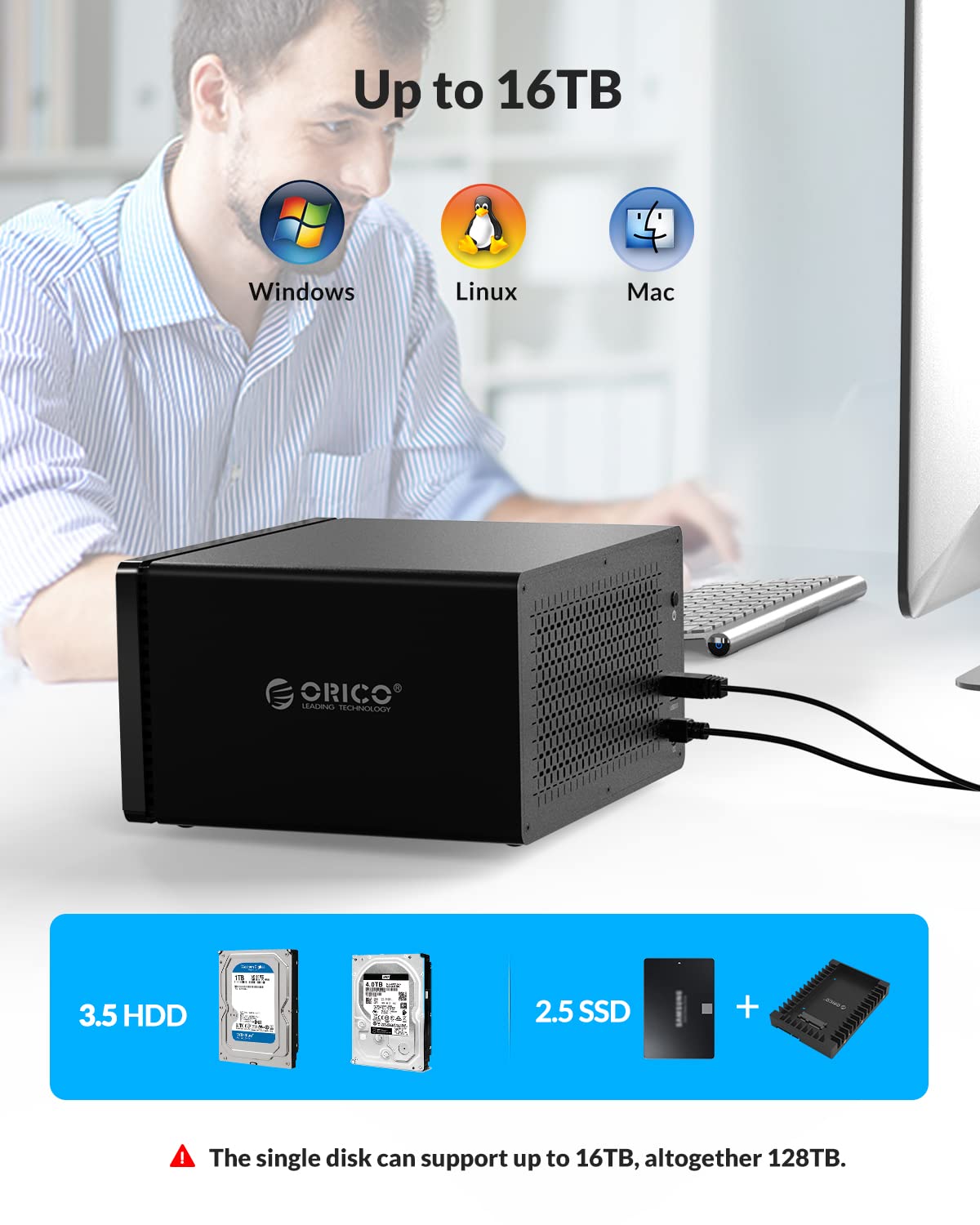 ORICO 8 Bay Tool-Free Aluminum Hard Drive Enclosure with 2 Build-in Fans, Horizontal HDD Docking Station for Small Business Data Backup and Expansion Max to 128TB- NS800U3