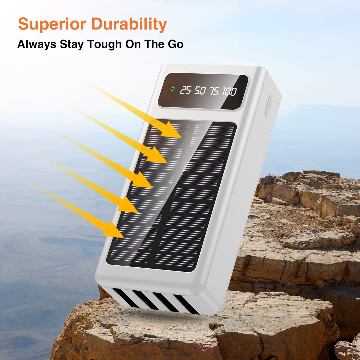 ZSS Solar Power Bank 50000mAh,Solar Portable Charger Fast Charging Built in Cable,USB C Input/Output with Smart LED Display,Dual Flashlight External Battery Power Bank for iPhone,Tablet, Samsung
