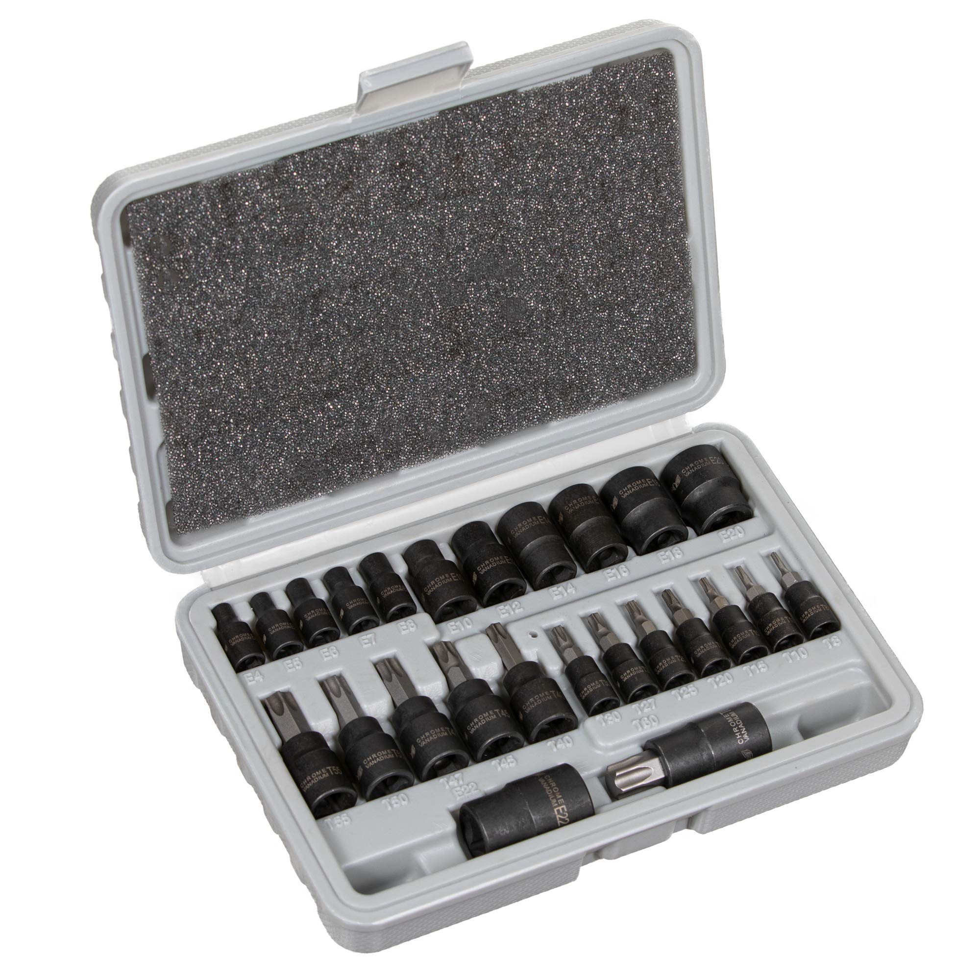 Torx Bit Socket Set (25 Piece Set - Torx and External Socket Set) 1/4", 3/8", and 1/2" Drive - 13 Star Socket Bits & 12 Female E Torx Sockets - Professional Grade Auto & Motorcycle Mechanic Socket Set