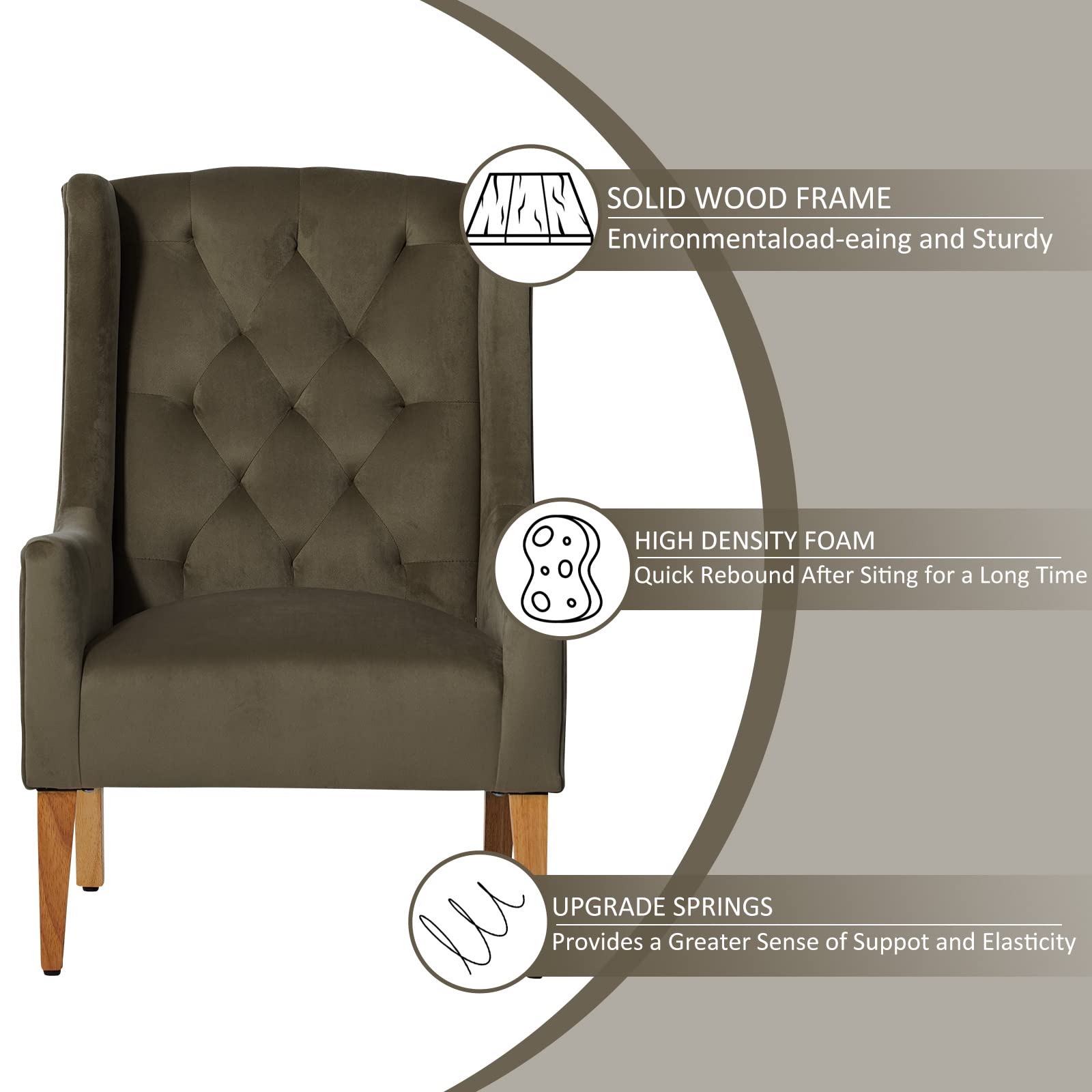 LOVSPATIO Mid-Century Accent Chair,Button Tufted Velvet Armchair with High-Back Rest,Big Cushioned Seat and Solid Wood Legs for Living Room Bedroom (Light Brown)