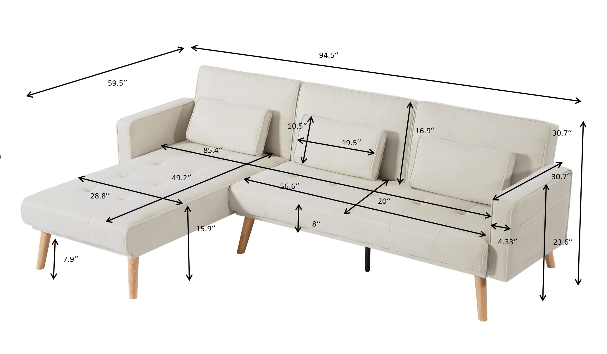 Linen Sectional Sofa Bed with Left Side Lounger, Convertible Sleeper Sofa Bed with Left Hand Facing Chaise, Solid Wood Legs and 3 Pillows, Couch for Living Room, Apartment, Office(light Brown)