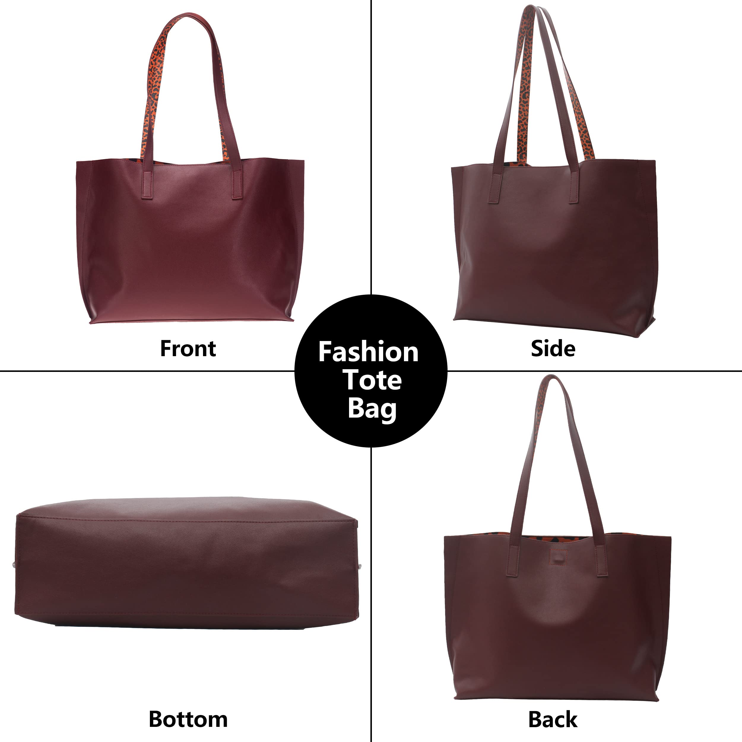 Plusfeel PU Leather Handbag for School, Travel Tote Bag for Women for Shopping, Work and Beach(Burgundy)