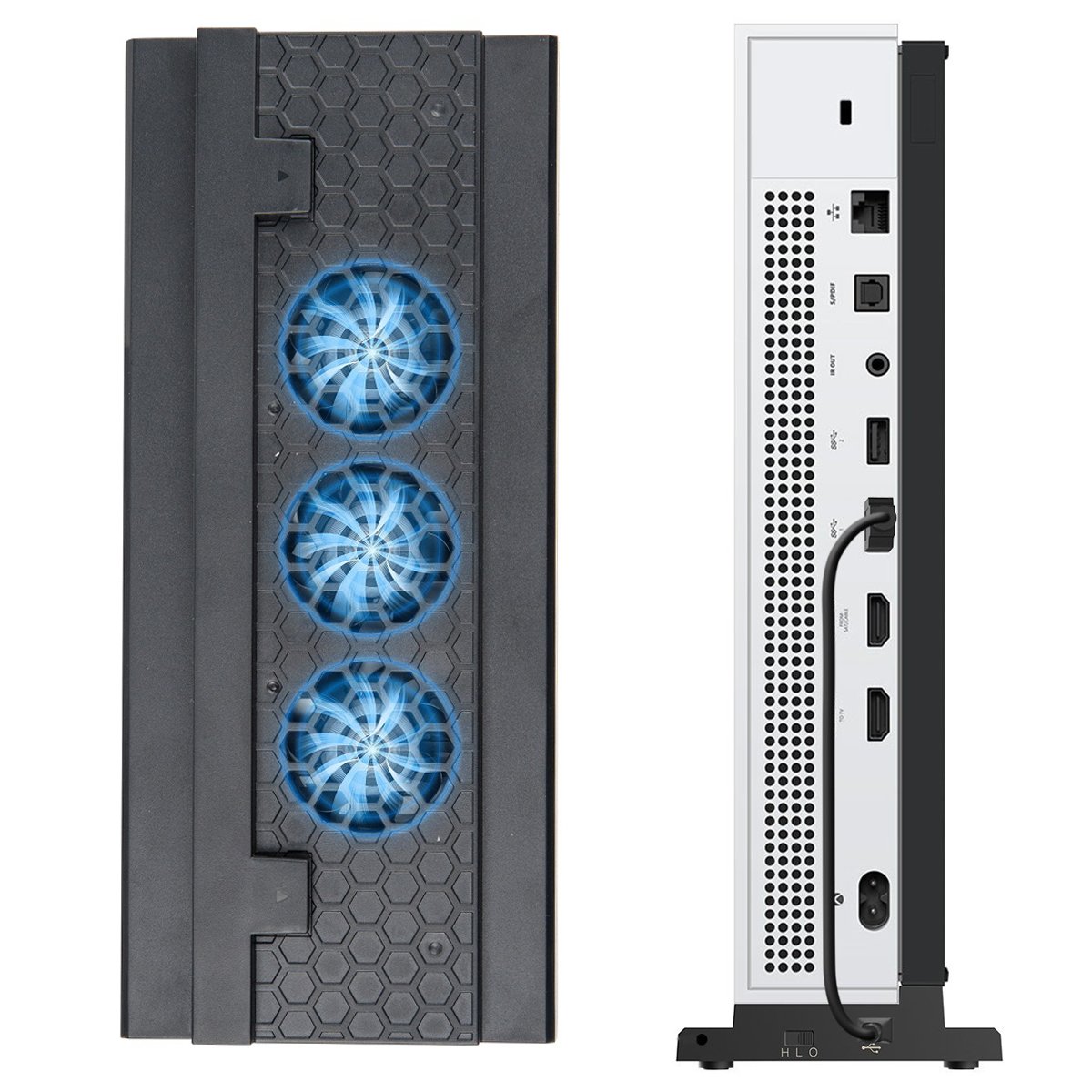 Megadream Xbox One S Vertical Stand USB Cooling Fan, with 3 Adjustable L/H Speed Fans Button & 2-Port USB Charging Port & Data Syncing Cooler for Microsoft Xbox One Slim Gaming Console - Black