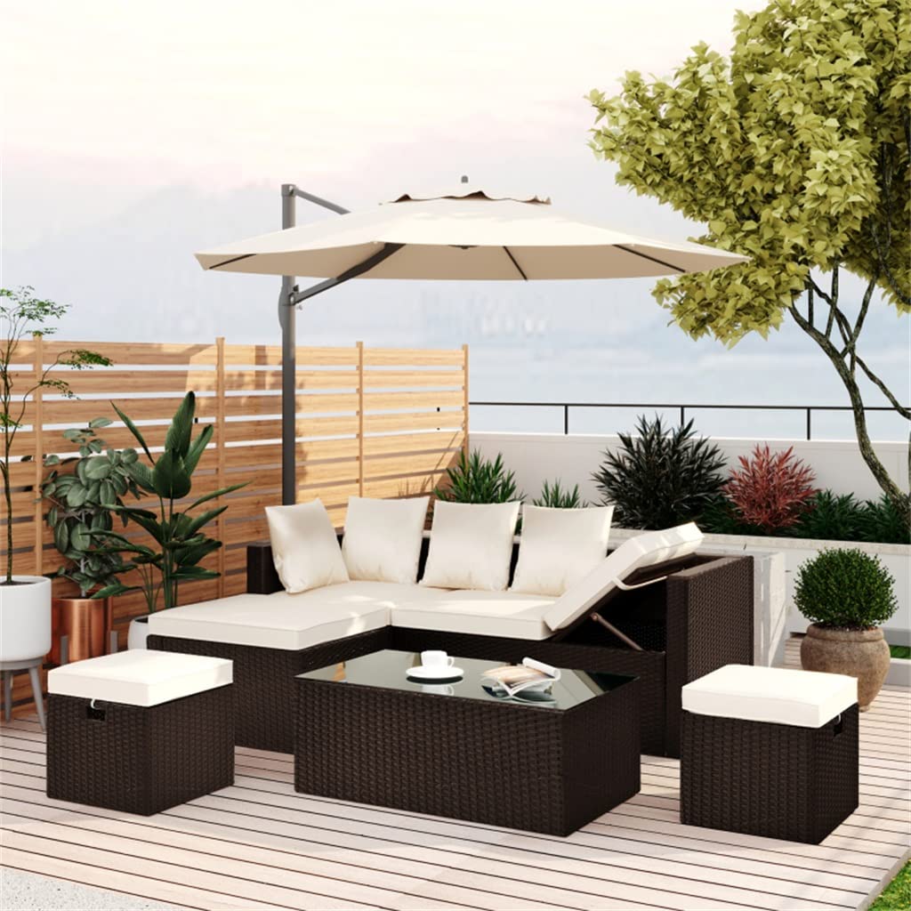LHLLHL 5 Piece Patio Furniture PE Rattan Wicker Combo Recliner Sofa Set with Glass Table and Adjustable Chairs