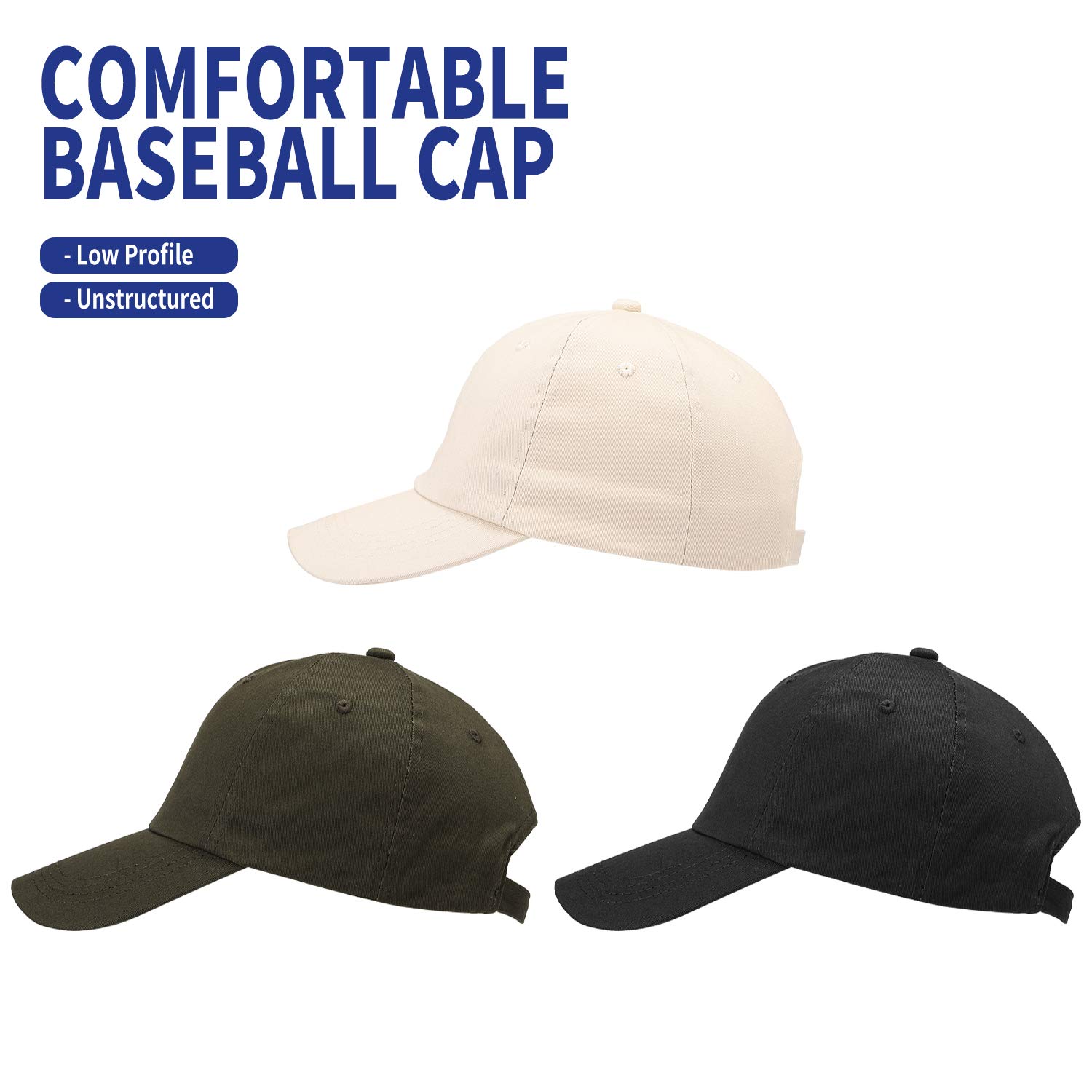 MEINICY 3PCS Classic Baseball Cap, Dad Hat Fits Men Women, All Cotton Made, Adjustable Low Profile Unconstructed (Black+OD Green+Stone)