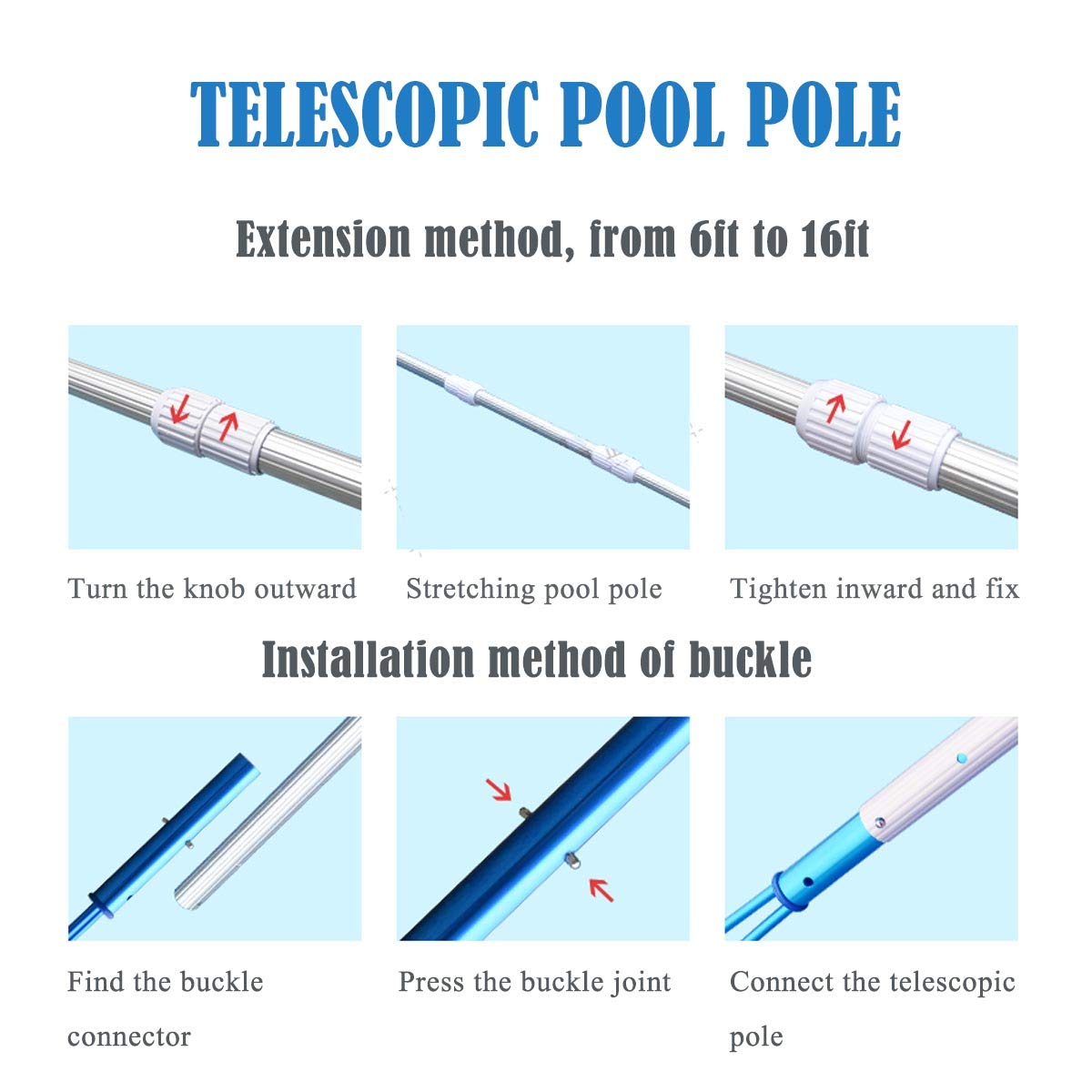 Upgraded Professional 16 Foot Swimming Pool Pole Telescopic Aluminum, 1.28mm Thicken Fits Pool Net Skimmer Rake Vacuum Head Brush Cleaning Heavy Duty, Adjustable 3 Section from 6 to 16ft Extension