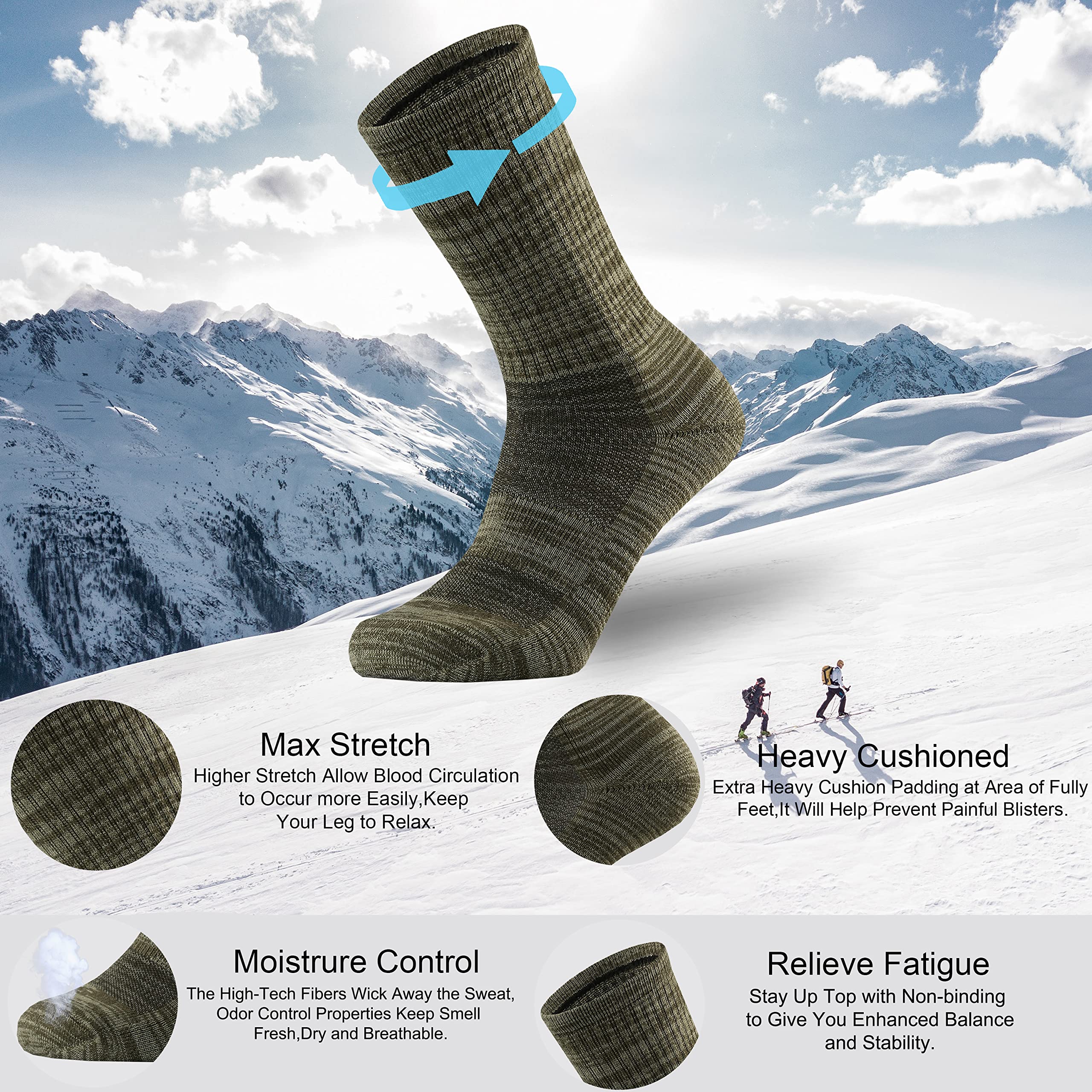 Ortis Men's Merino Wool Cushion Crew Socks with Moisture Wicking Control Light Weight Breathable for Outdoor Hiking Cycling(Green L)