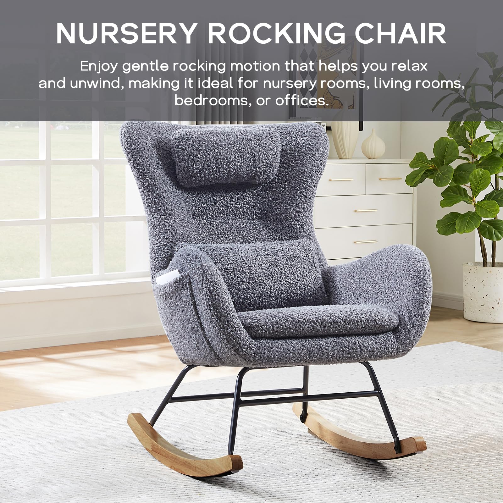 NIOIIKIT Nursery Rocking Chair, Teddy Upholstered Glider Rocker with Headrest and Lumbar Pillow, High Backrest Rocking Accent Chair with Side Pocket, Comfy Armchair for Living Room (Grey)