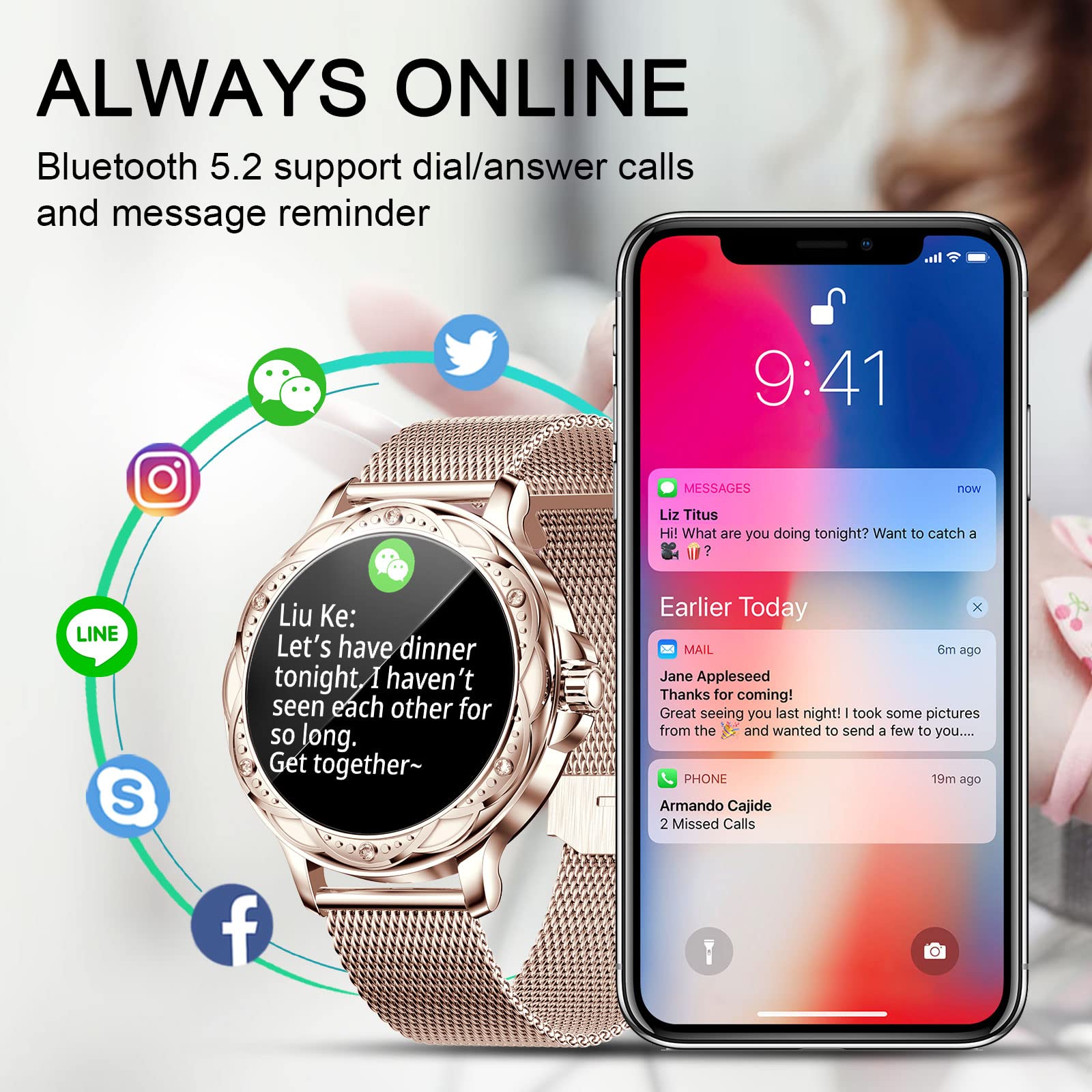 wonlex Smart Watch for Women, 1.36" Touch Screen Smartwatch with Heart Rate, IP67 Waterproof Activity Tracker, Fitness Watch for Android and iOS (Gold)
