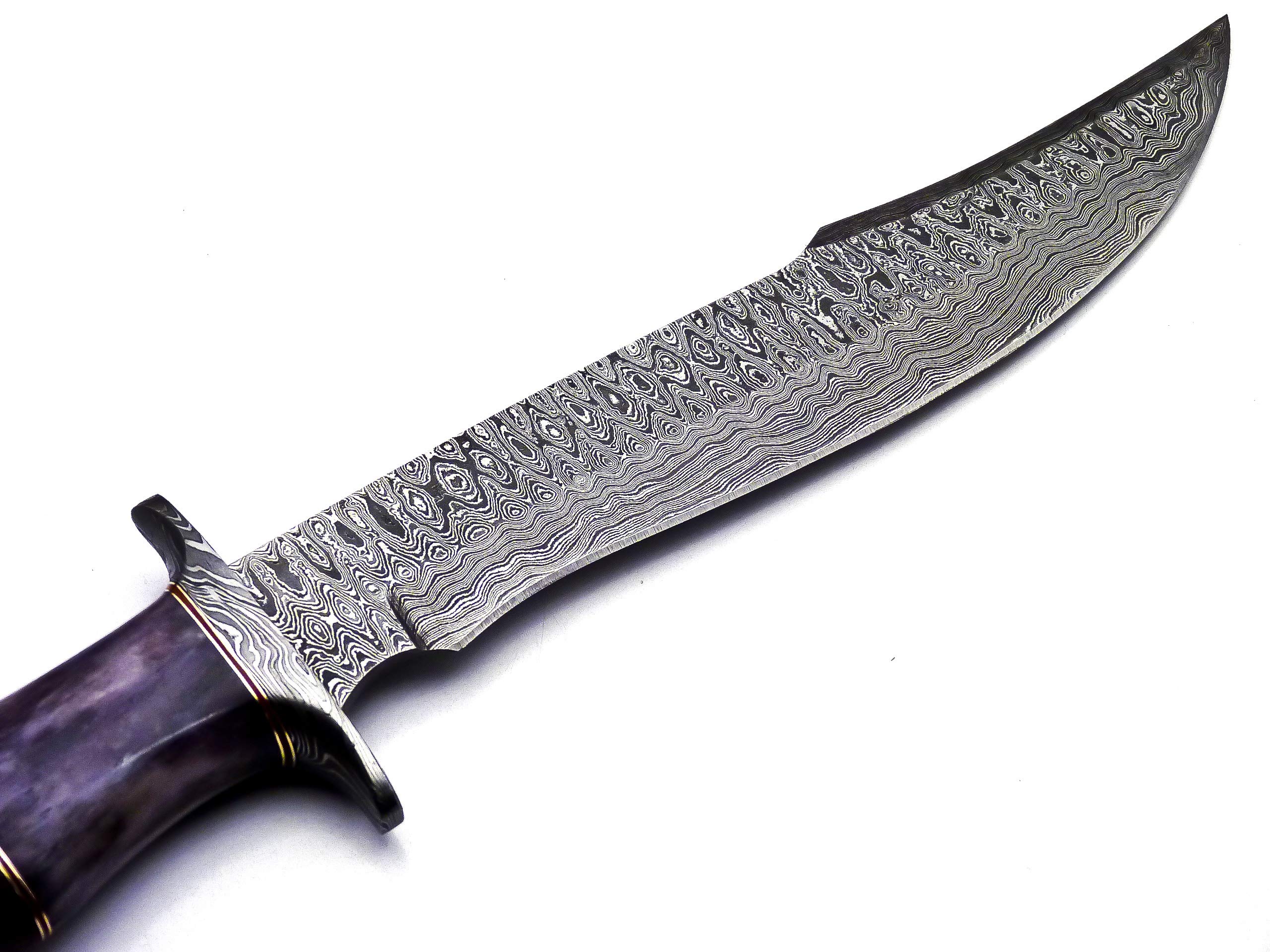 Nooraki BK-42 Handmade Damascus Steel Fixed Blade Bowie Knife with Leather Sheath, Full Tang Multipurpose Knife with Solid Marindi Wood and Bull Horn Bone Handle for Outdoor Use, 15", B/White