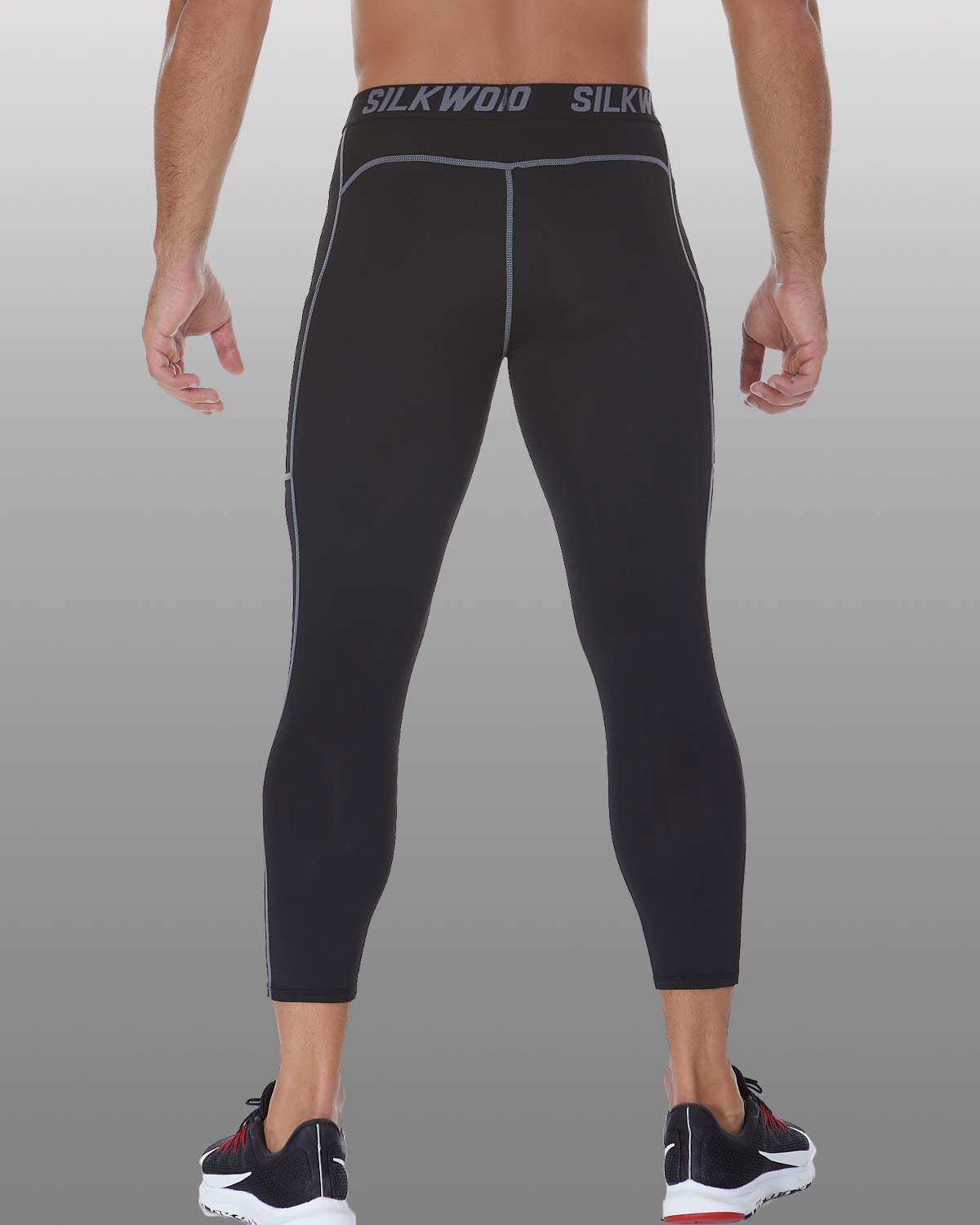 SILKWORLD Men's Compression Pants Lengging Cool Dry Athletic Base Layer Running Tights with Pockets,835_Capri_Black/Grey Stripe(Pockets),Small