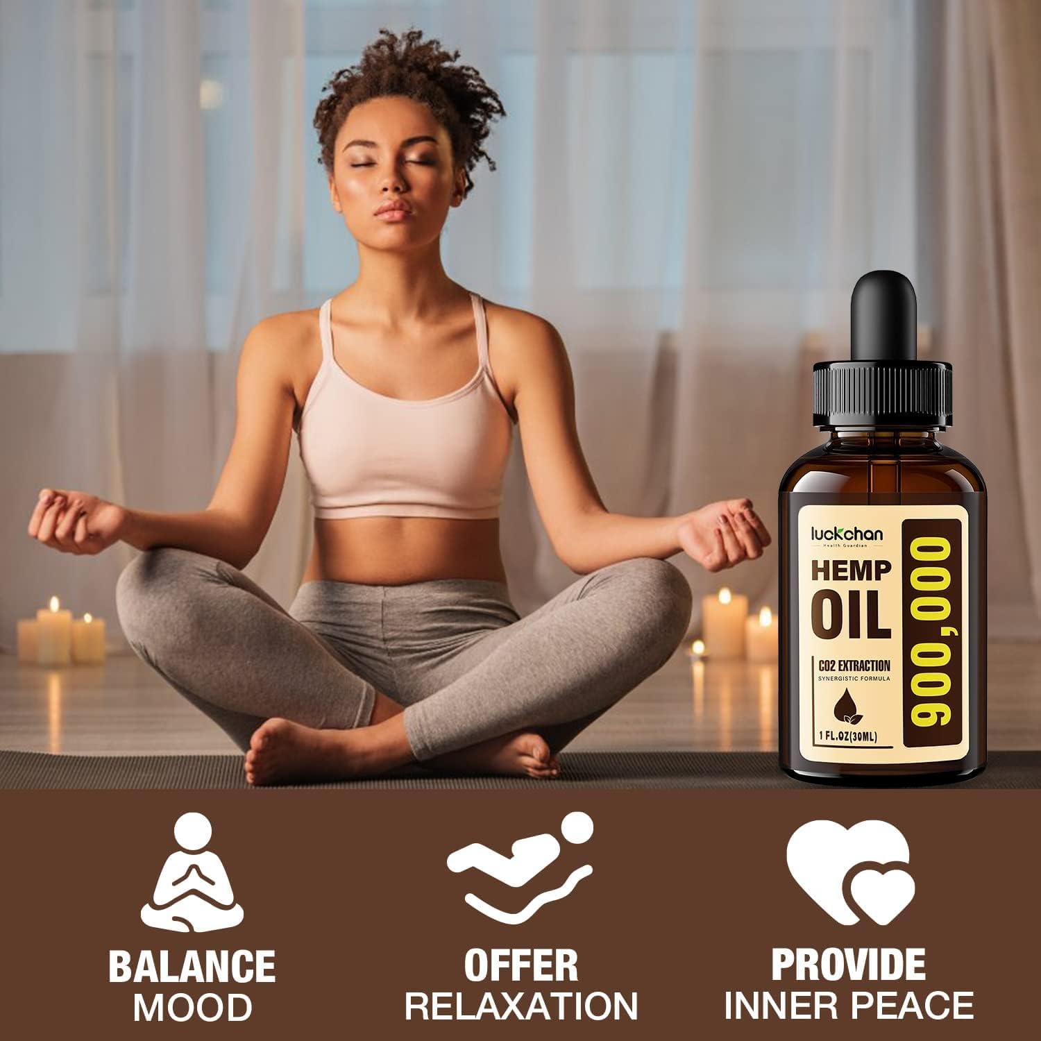 LUCKCHAN (4-Pack) Premium Hemp Oil - Helps Anxiety, Stress, Relaxation, Calming, Sleep - Natural Extract, Vegan, Non-GMO - Organic Hemp Tincture Drops