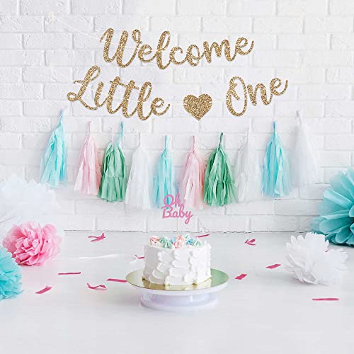 Pre-Strung Welcome Little One Banner - NO DIY - Gold Glitter Baby Shower Gender Reveal Party Banner in Script - Pre-Strung Garland on 6 ft Strand - Neutral Decorations & Decor. Did we Mention no DIY?
