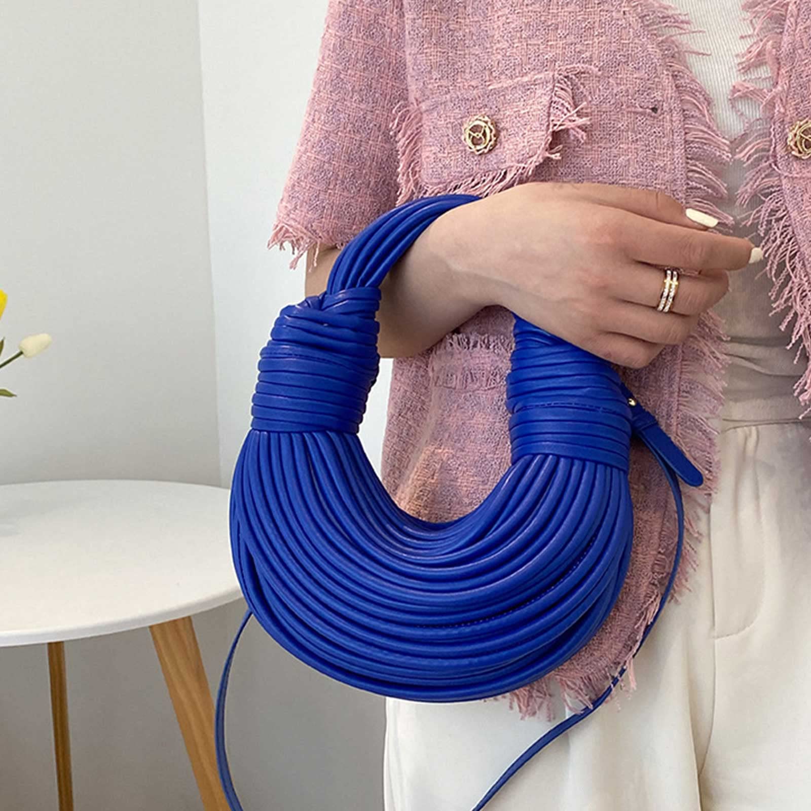 Women Hand-Woven Bread Purse and Handbag Leather Top Handle Satchel Shoulder Crossbody Creative Noodles Underarm Hobo Bag (blue)