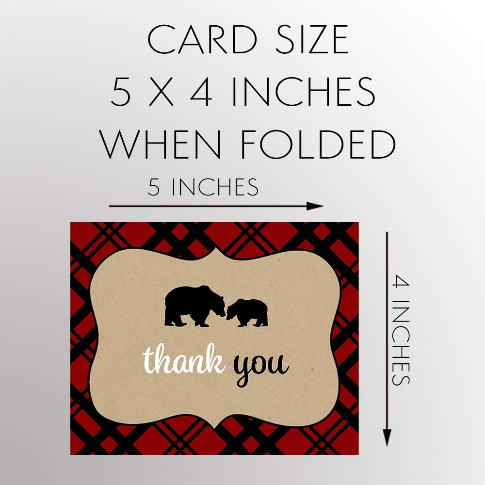 Lumberjack Thank You Cards Baby Shower Bears Folding Thank You Notes Sprinkle Birthday Event Party Tan Red Plaid Rustic Mama Bear Baby Bear (24 count)