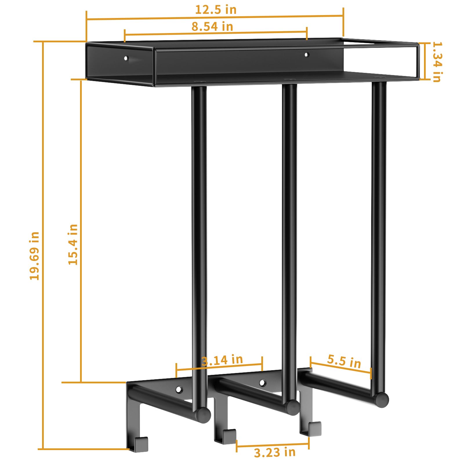 Ovicar Towel Racks for Bathroom - Wall Mounted Towel Rack with Metal Shelf & 3 Hooks, 3 Bars Wall Towel Holder for Small Bathroom, Bath Towel Storage for Rolled Towels Organizer (Black)