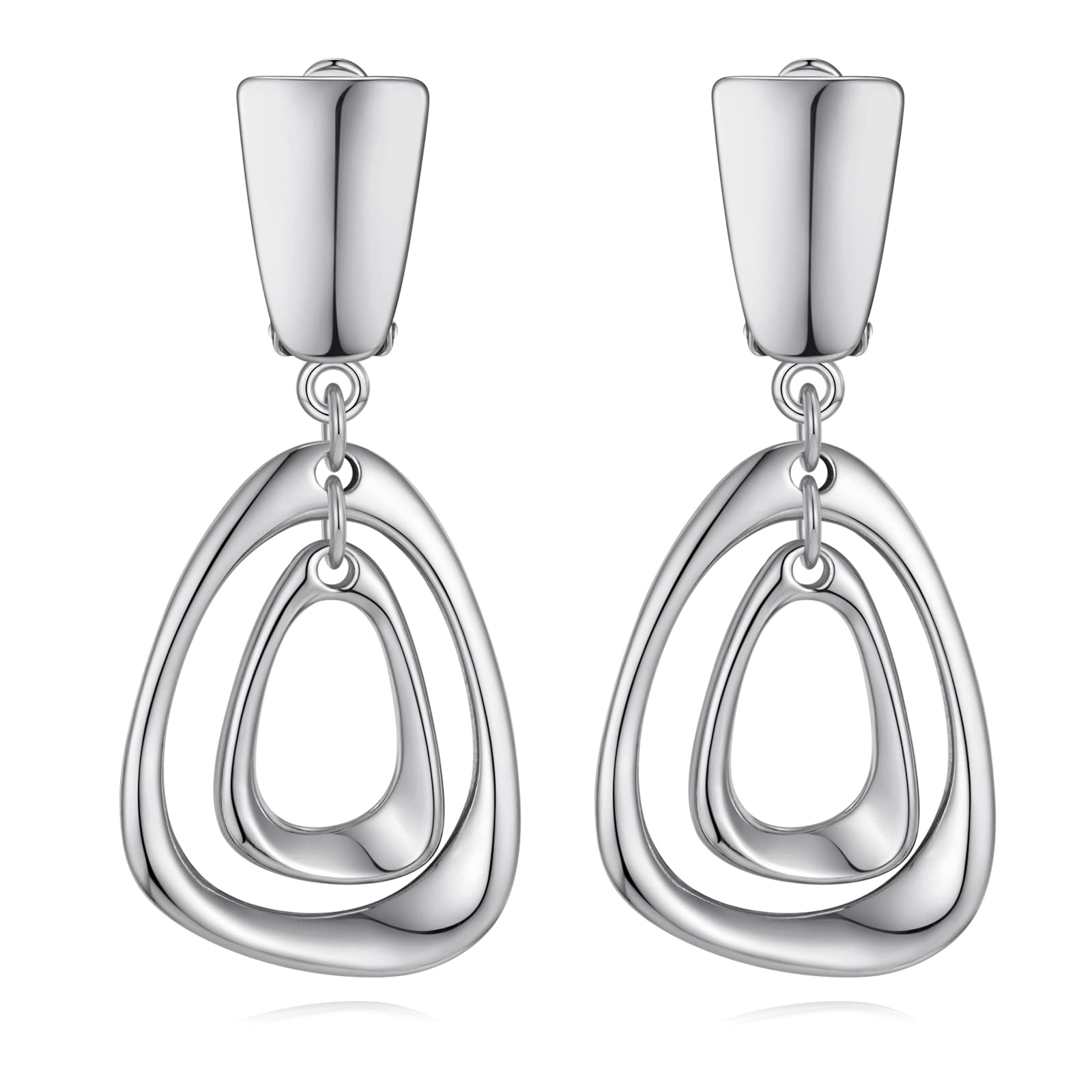 Silver Geometry Clip On Earrings Double Circle Drop Clip Earrings Fashion Earrings for Women