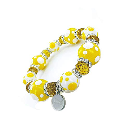 Linpeng PD-08 Fiona Hand Painted Polka Dots Glass Beads Stretch Bracelet, Yellow/White