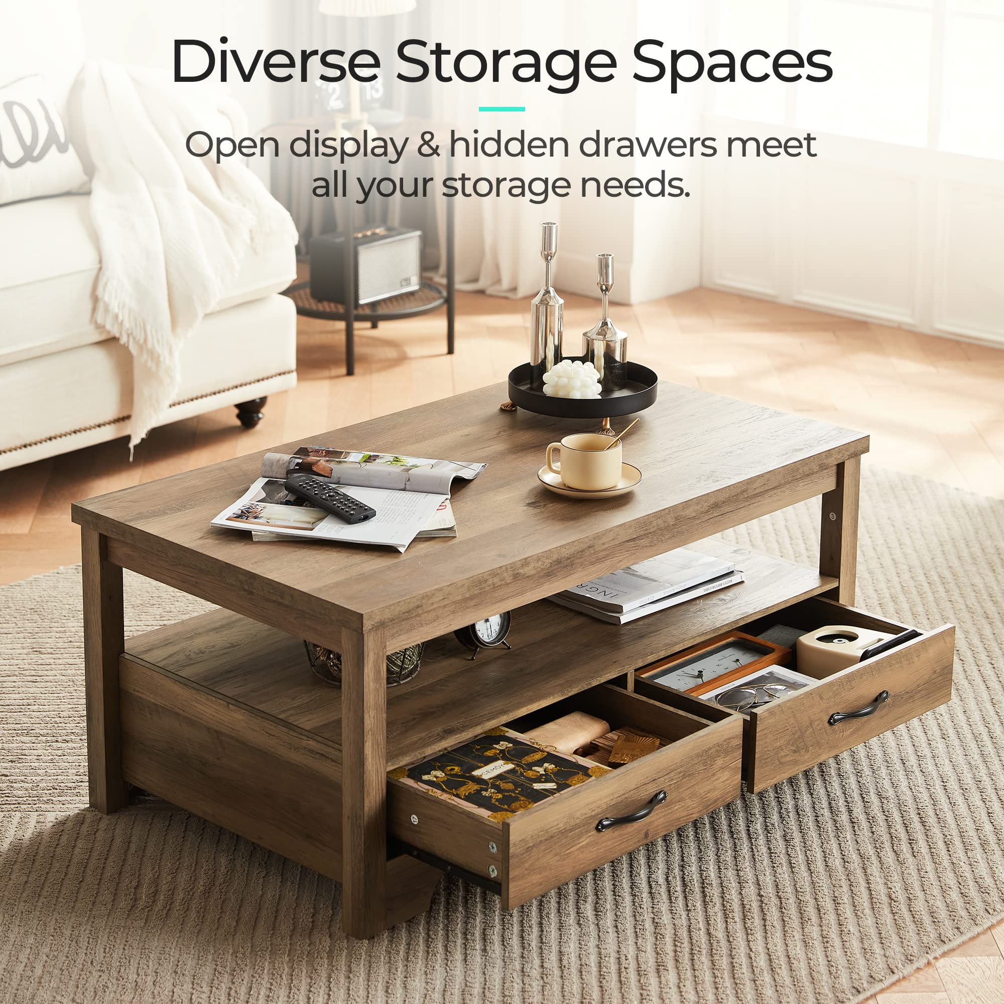 LINSY HOME Farmhouse Coffee Table with Storage, Wood Coffee Table for Living Room, Open Display Area and Storage Drawers with Metal Handles, Chic Style with Curved Base. Brown
