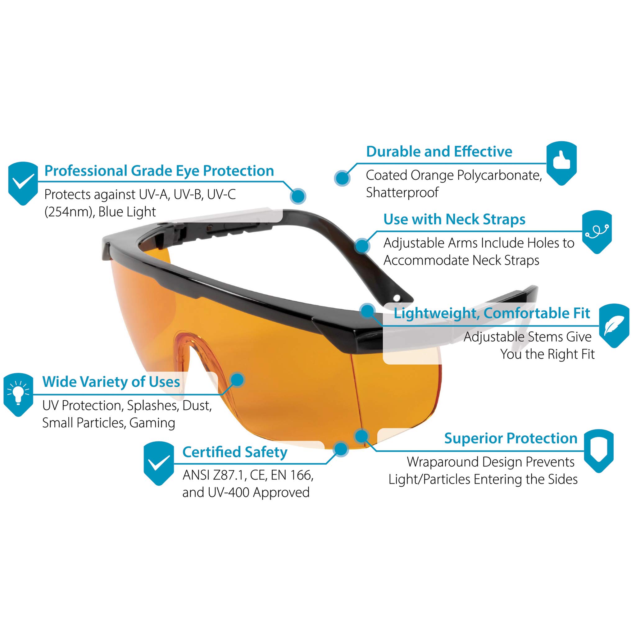 Professional UV Light Safety Glasses - Polycarbonate Shatterproof UVC Protection Goggles for Blocking up to UV 400 Rays and Blue Light - ANSI Z87.1 Approved with Yellow Tint Lens - Regular Fit
