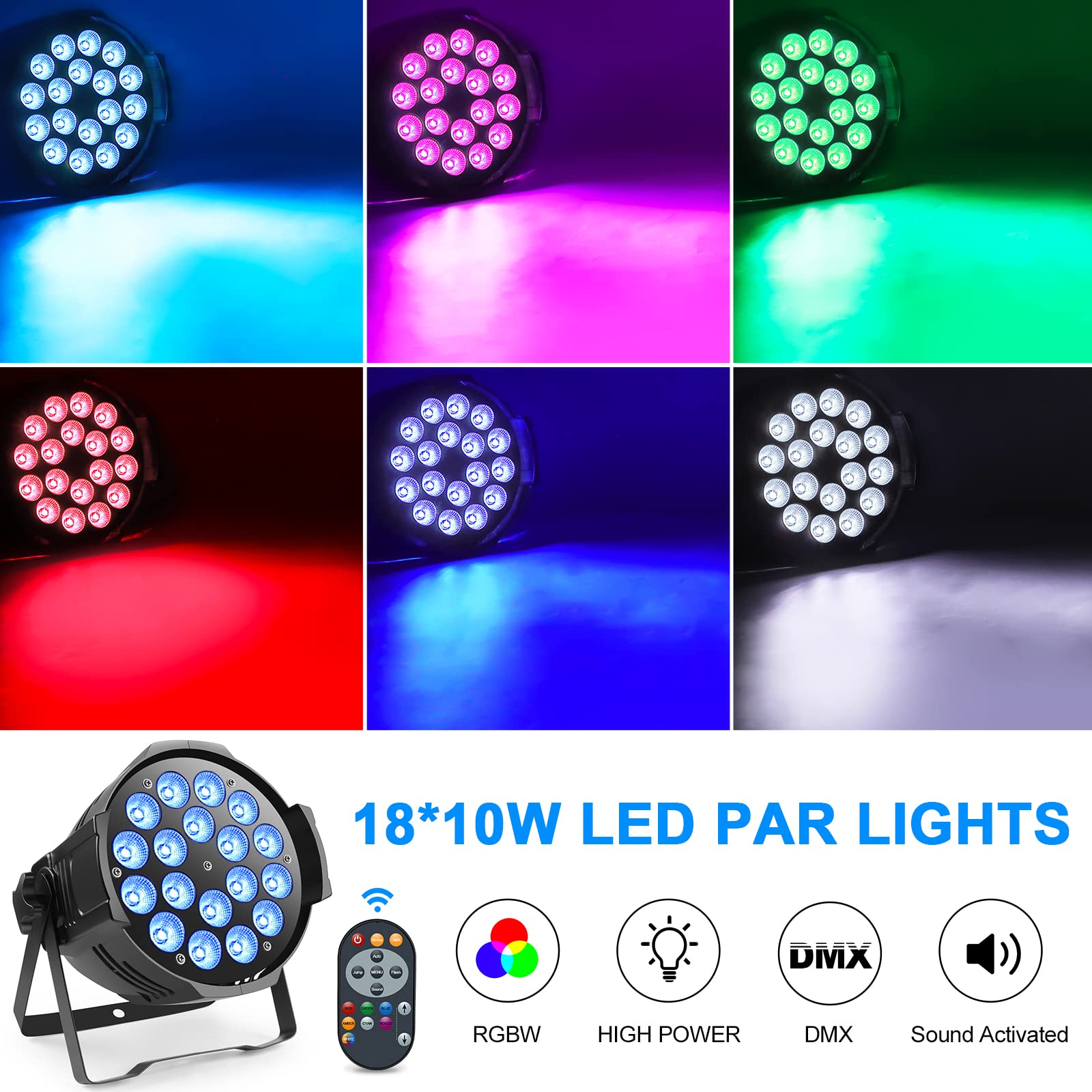 Stage Lights LED Par Light 180W RGBW 4-in-1 Uplights, HOLDLAMP Stage Lighting 4/8 Channel DMX Control Sound Activated with Remote Controller for DJ Events Party Wedding Bar Church (2 pcs)
