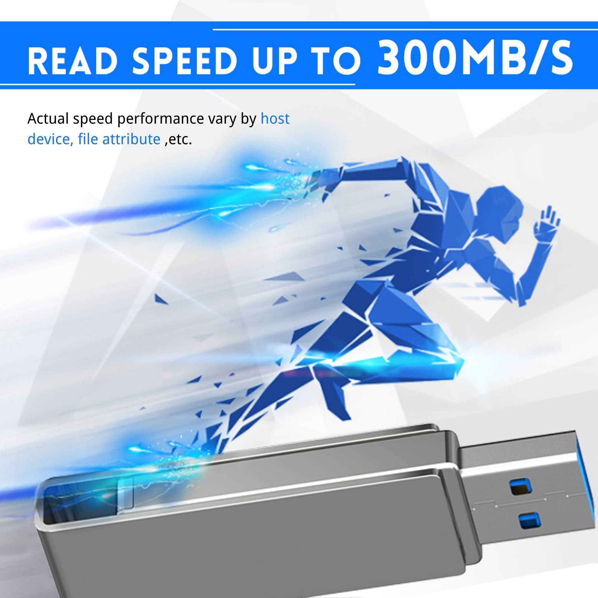 MOSDART 256GB 300Mb/s USB 3.1 Flash Drive Fast Speed and Rugged Metal Thumb Drive with Keychain USB3.1 256 GB 360-degree Jump Drive for Data Storage - Silver