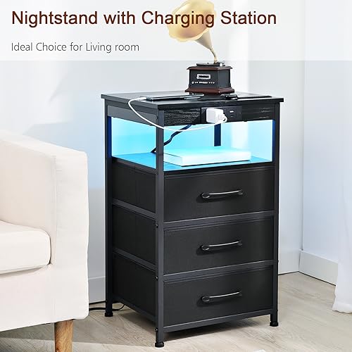 LOAKEKEL Night Stand Set 2, LED Nightstand with Charging Station, End Tables with USB C Port and Outlets, Bedside Table with 3 Storage Fabric Drawers for Bedroom, Small Space, Black, HNS023BK