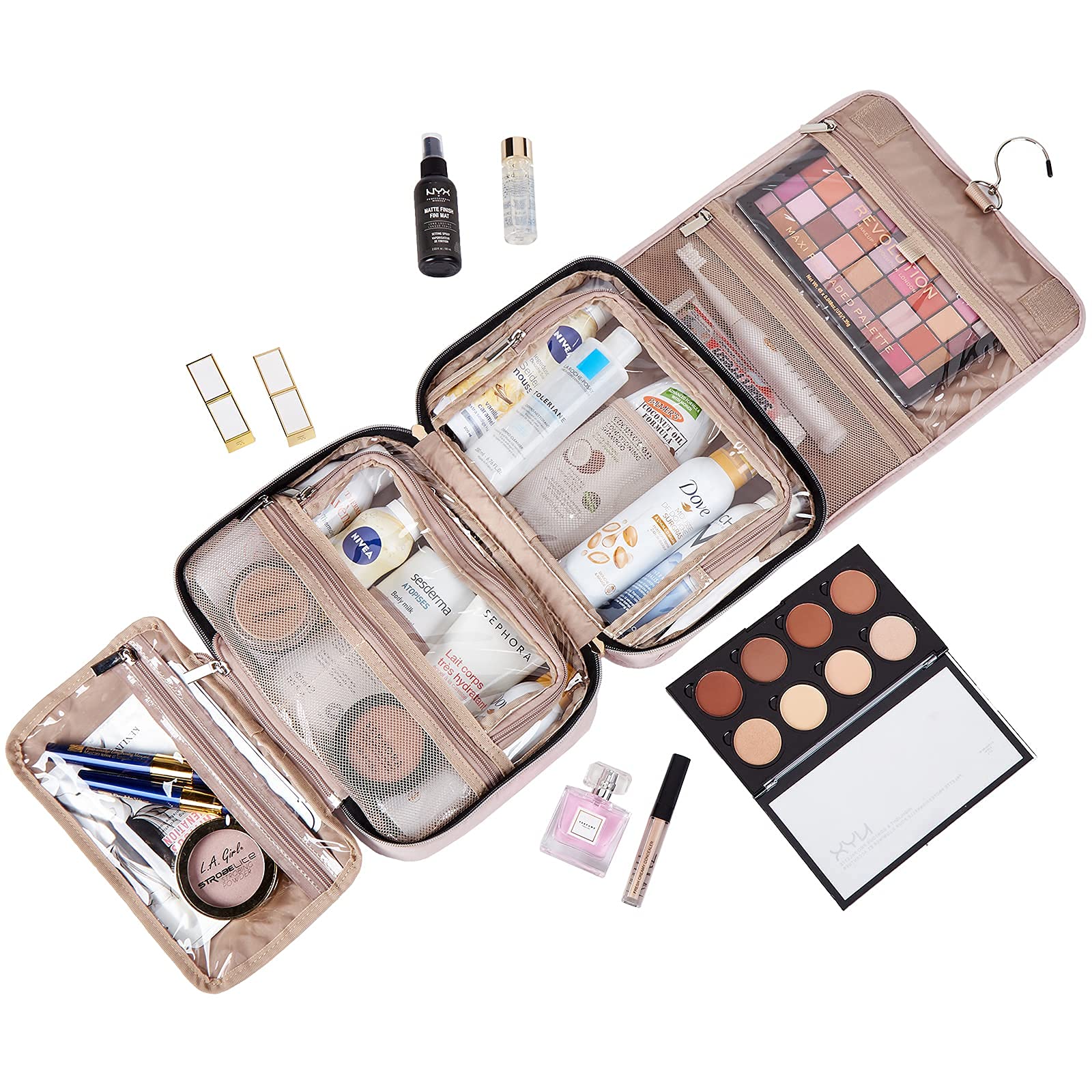 NISHEL Travel Toiletry Bag for women, Large Cosmetic Organizer with Rotatable Hanging Hook, Bathroom and Shower Organizer Kit for Brushes, Shampoo, Container, Makeup, Pink