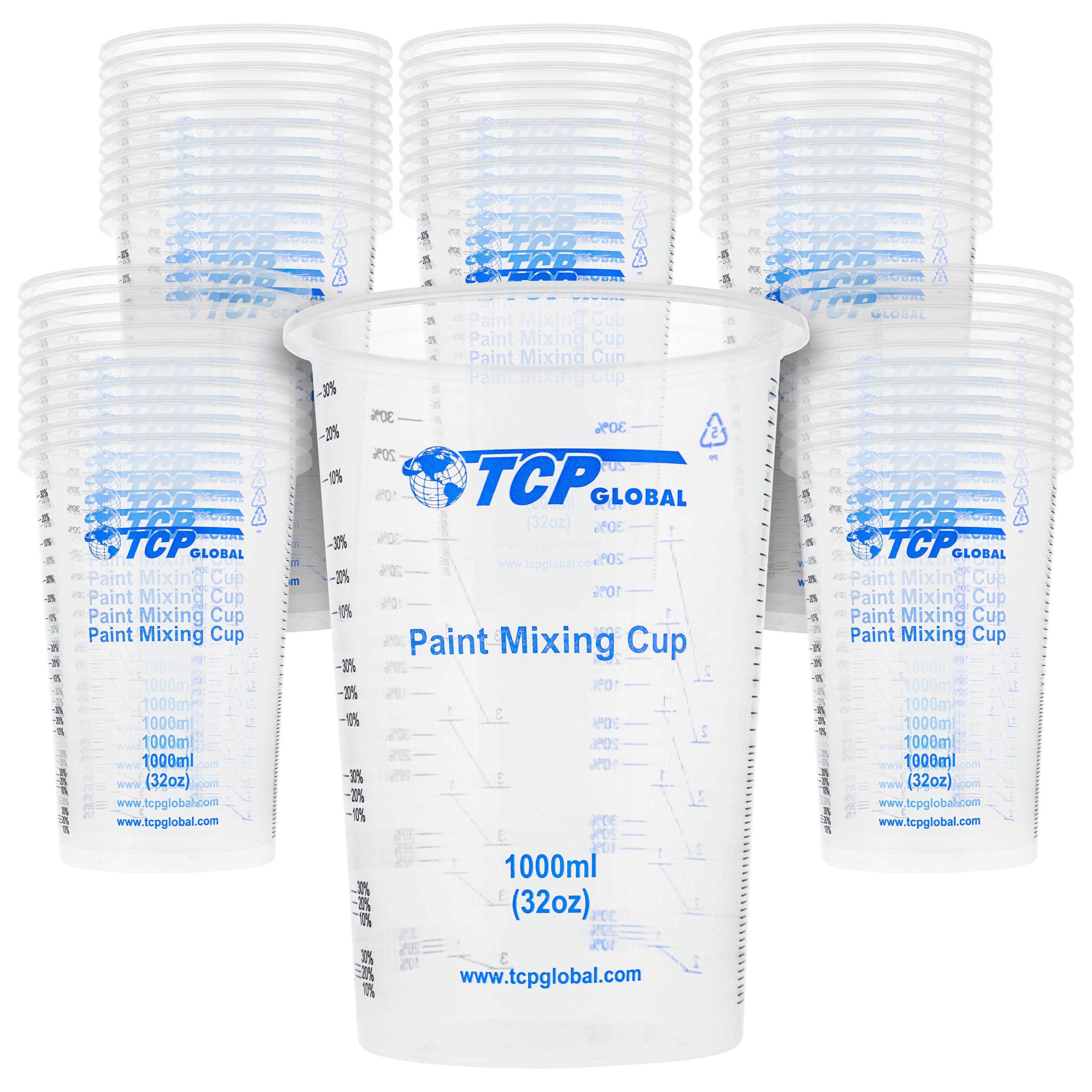 TCP Global 32 Ounce (1000ml) Disposable Flexible Clear Graduated Plastic Mixing Cups - Box of 50 Cups - Use for Paint, Resin, Epoxy, Art, Kitchen, Cooking, Baking - Measuring Ratios 2-1, 3-1, 4-1, ML