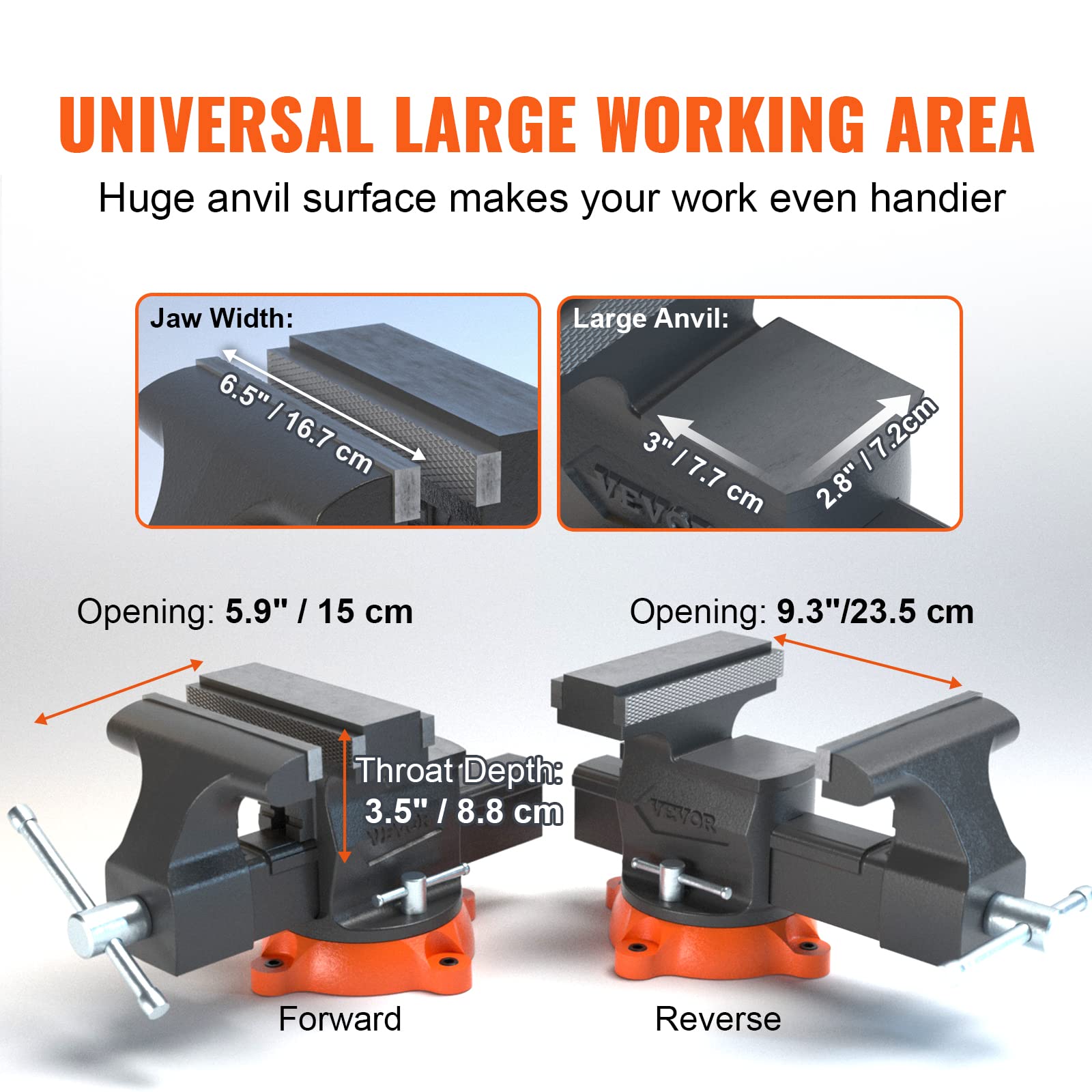 VEVOR Bench Vise, 6.5" Jaw Width 6.5" Forward &9.3" Reverse Opening, 360-Degree Swivel Locking Base Multipurpose Workbench w/Anvil, Heavy Duty Ductile Iron w/Bolts & Nuts, for Drilling, Pipe Cutting