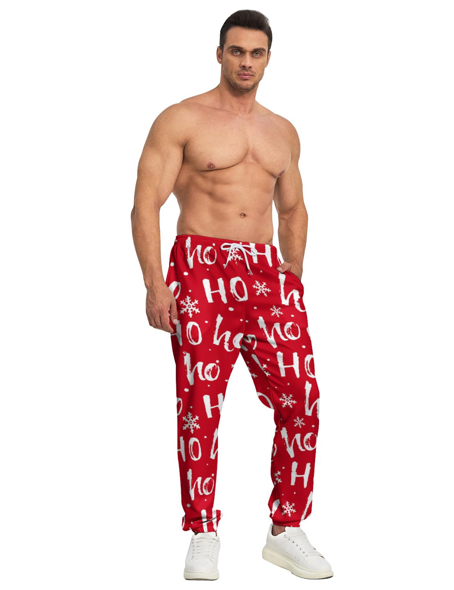 QINGXUN mens Lightweight Pockets Casual Sports Workout Running Pants, Hohoho's Pattern Christmas, Large