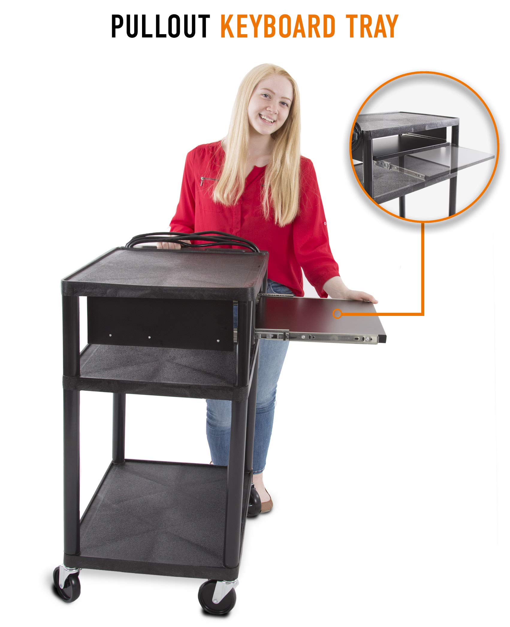 Line Leader Plastic AV Cart with Keyboard Tray, Mobile Workstation with Storage For Offices and Schools, Rolling with 4 Casters, 2 Locking Brakes, Heavy Duty, Holds up to 100 lbs (Black, 24 x 18 x 34)
