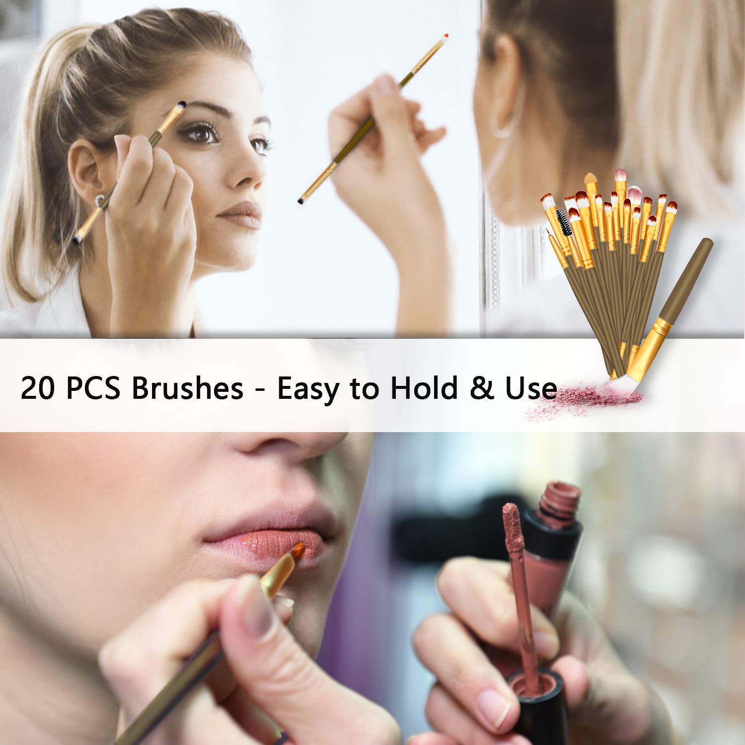 NICEMOVIC 20 Pcs Makeup Brush Set, Powder Foundation Eyeshadow Eyeliner Lip Cosmetic Brushes Make-up Toiletry Kit it(Grey & Gold) Ideal for Pro & Daily Use