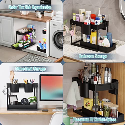 OZD Under Sink Organizer, 2 Tier Bathroom Organizer Under Sink with Sliding Drawer, Under Cabinet Organizer Baskets with Hooks, Hanging Cups, Dividers, Storage Shelf for Bathroom Kitchen